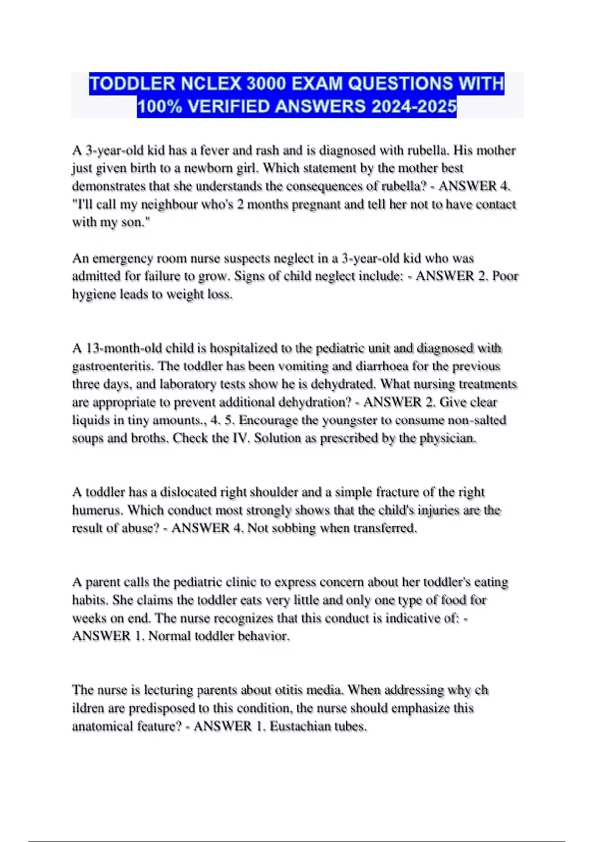 Toddler Nclex 3000 Exam Questions With 100 Verified Answers Toddler