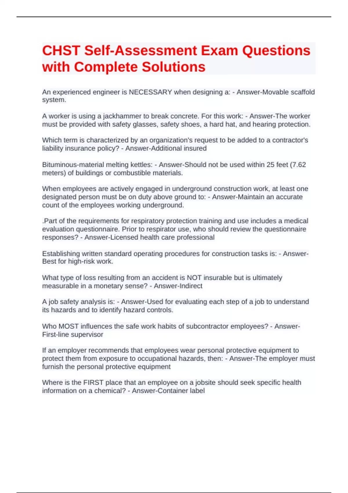 CHST Self-Assessment Exam Questions with Complete Solutions - CHST ...