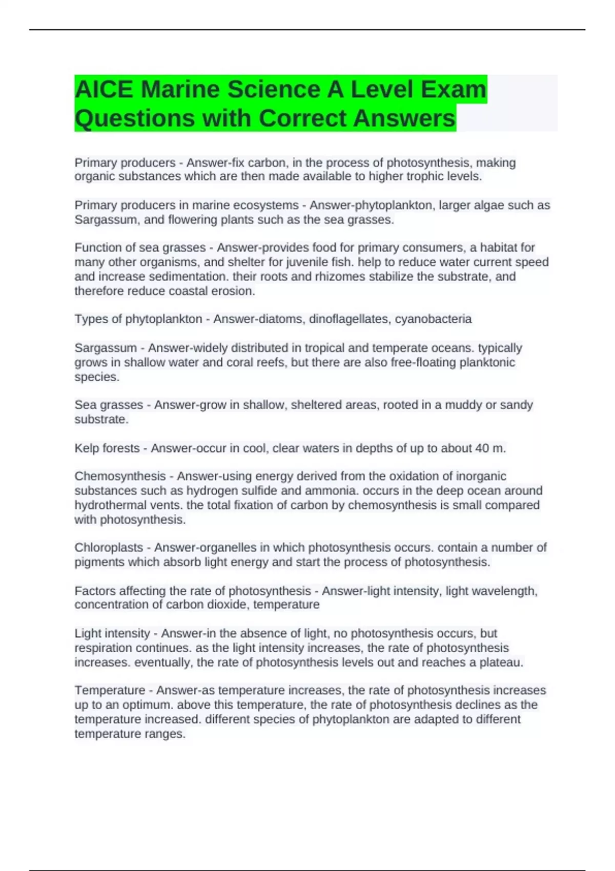AICE Marine Science A Level Exam Questions with Correct Answers ...