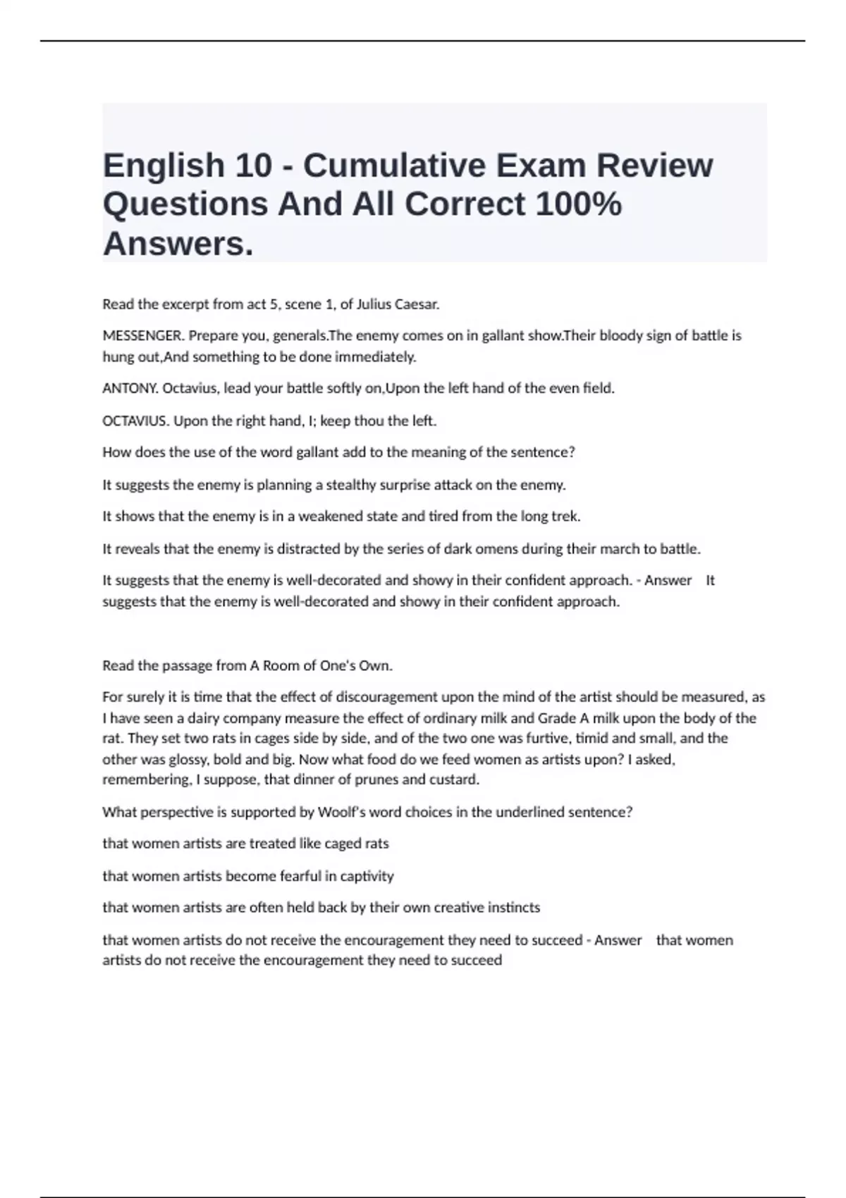 English 10 - Cumulative Exam Review Questions And All Correct 100% ...