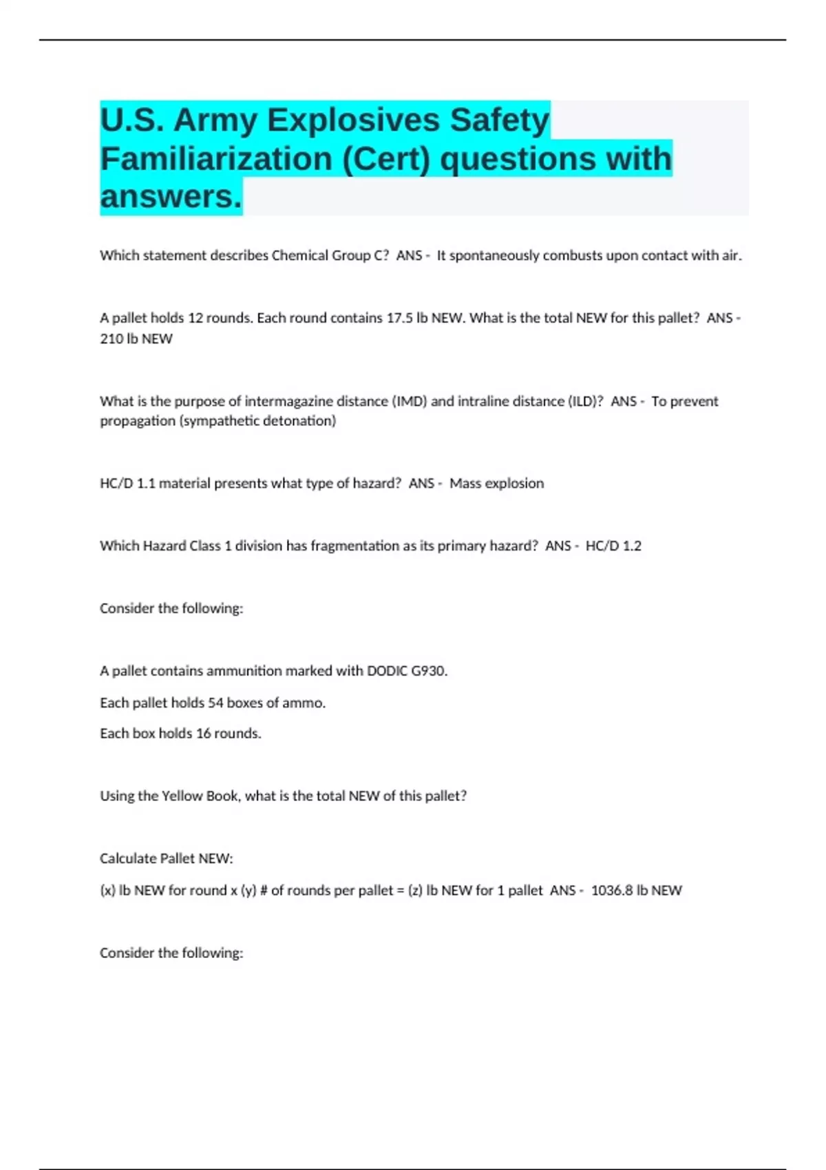U.S. Army Explosives Safety Familiarization (Cert) questions with ...