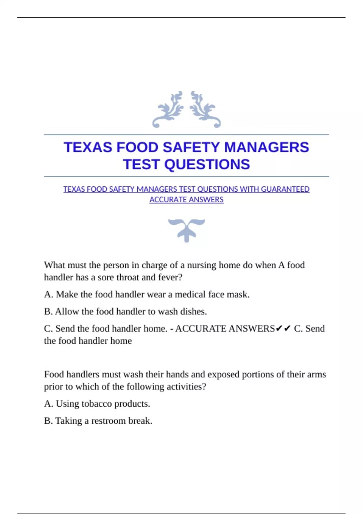 TEXAS FOOD SAFETY MANAGERS TEST QUESTIONS WITH GUARANTEED ACCURATE ...