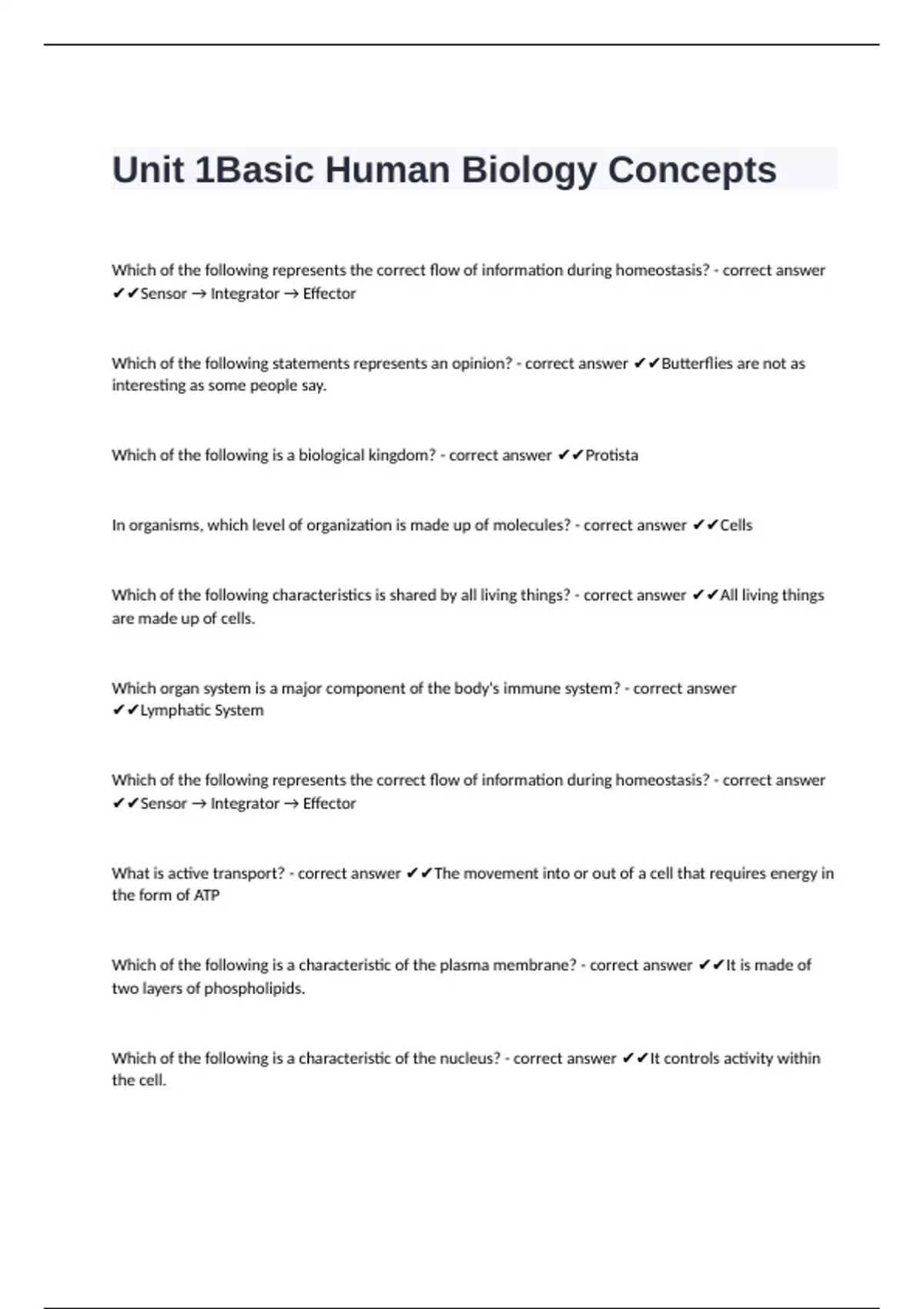 Unit 1Basic Human Biology Concepts questions with correct answers/passed - Human biology - Stuvia US