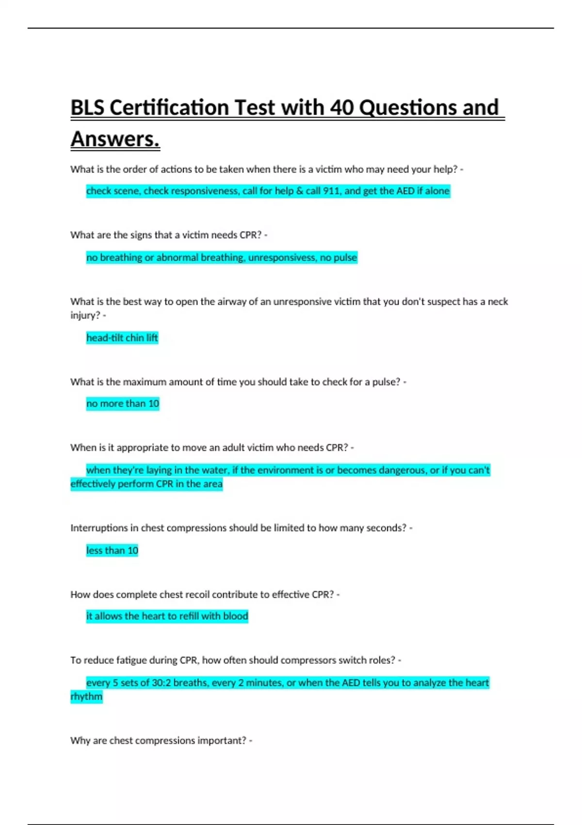 BLS Certification Test with 40 Questions and Answers - American red ...