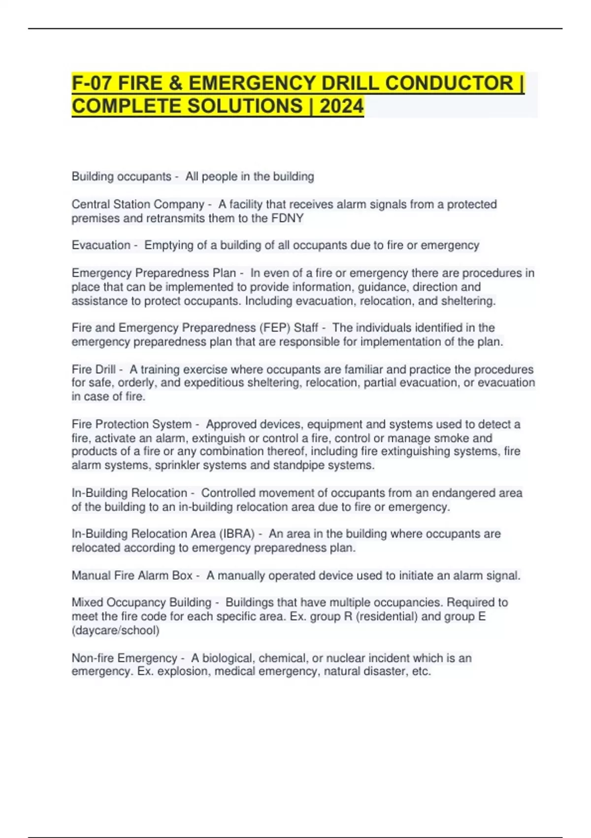 F-07 FIRE & EMERGENCY DRILL CONDUCTOR | COMPLETE SOLUTIONS | 2024 - FDNY CoF F-07 - Stuvia US