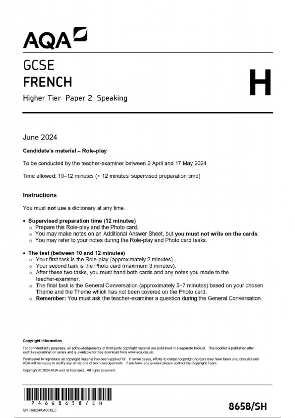 2024 AQA GCSE FRENCH HIGHER SPEAKING PAPER 2 ROLE PLAY - Modern foreign ...