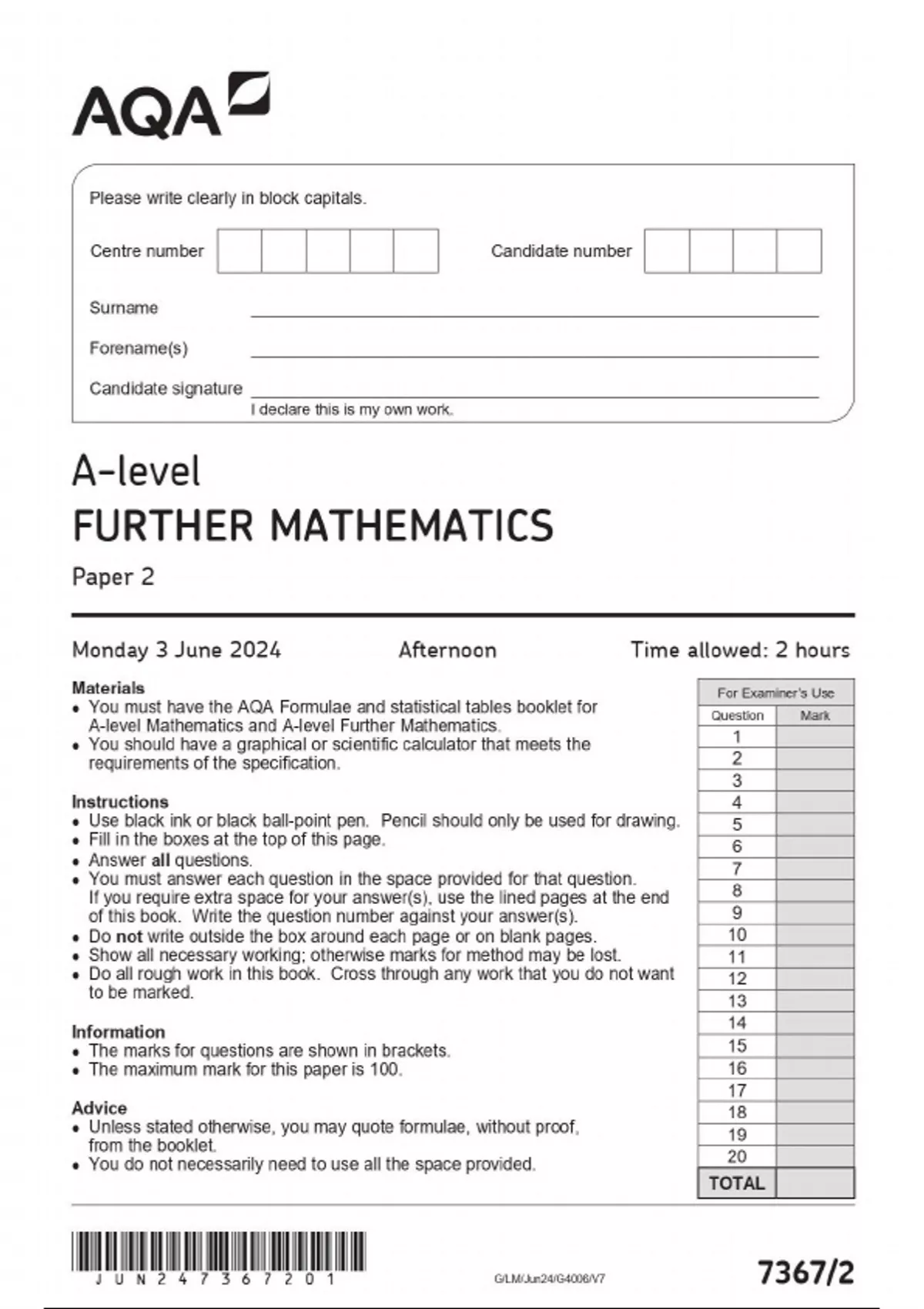 AQA A-level FURTHER MATHEMATICS Paper 2 QP Monday 3 June 2024 - A-level ...