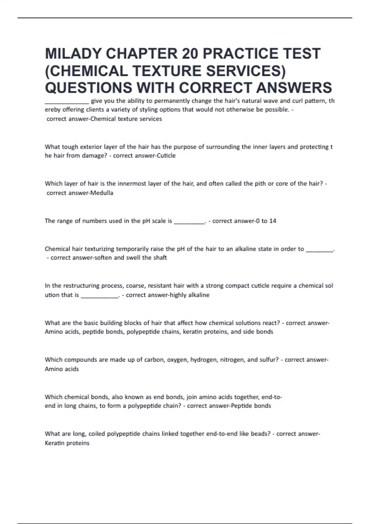 MILADY CHAPTER 20 PRACTICE TEST (CHEMICAL TEXTURE SERVICES) QUESTIONS ...