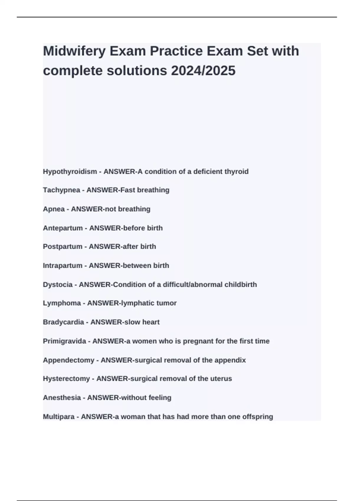 Midwifery Exam Practice Exam Set with complete solutions 2024_2025 ...