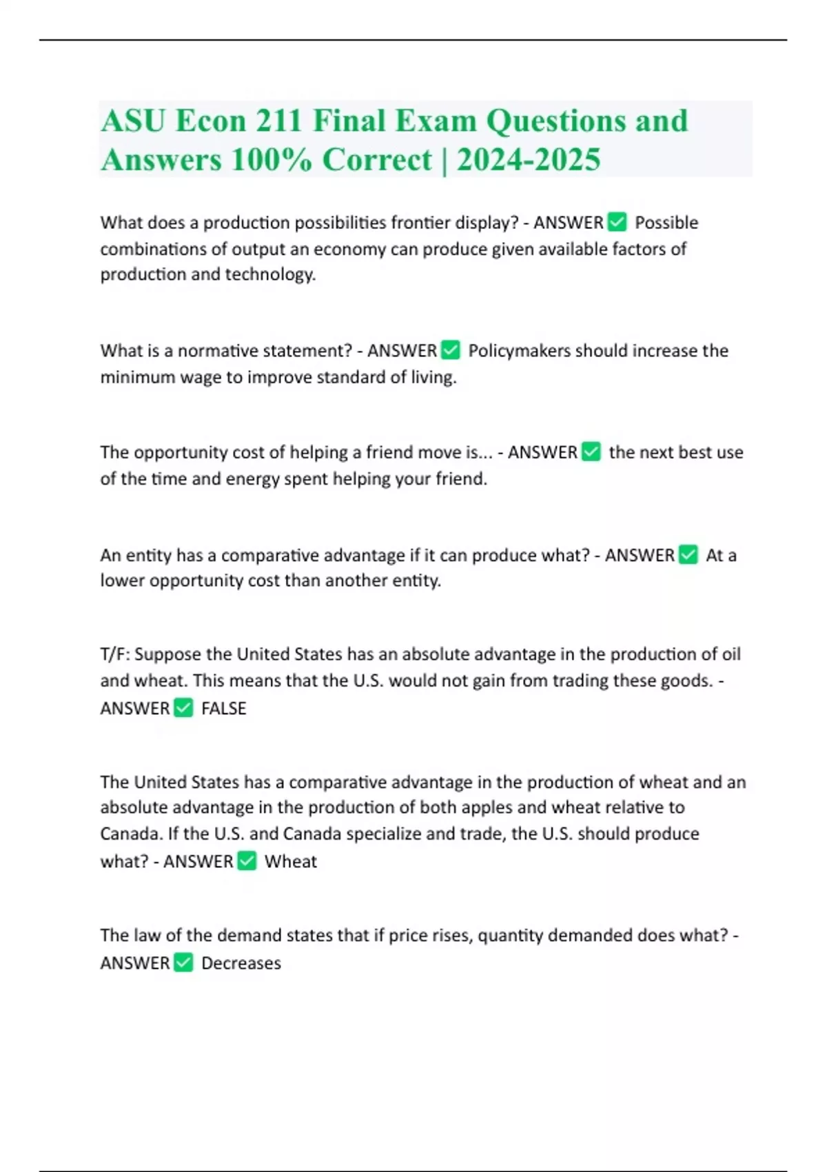 ASU Econ 211 Final Exam Questions and Answers 100% Correct | - ECN 211 ...