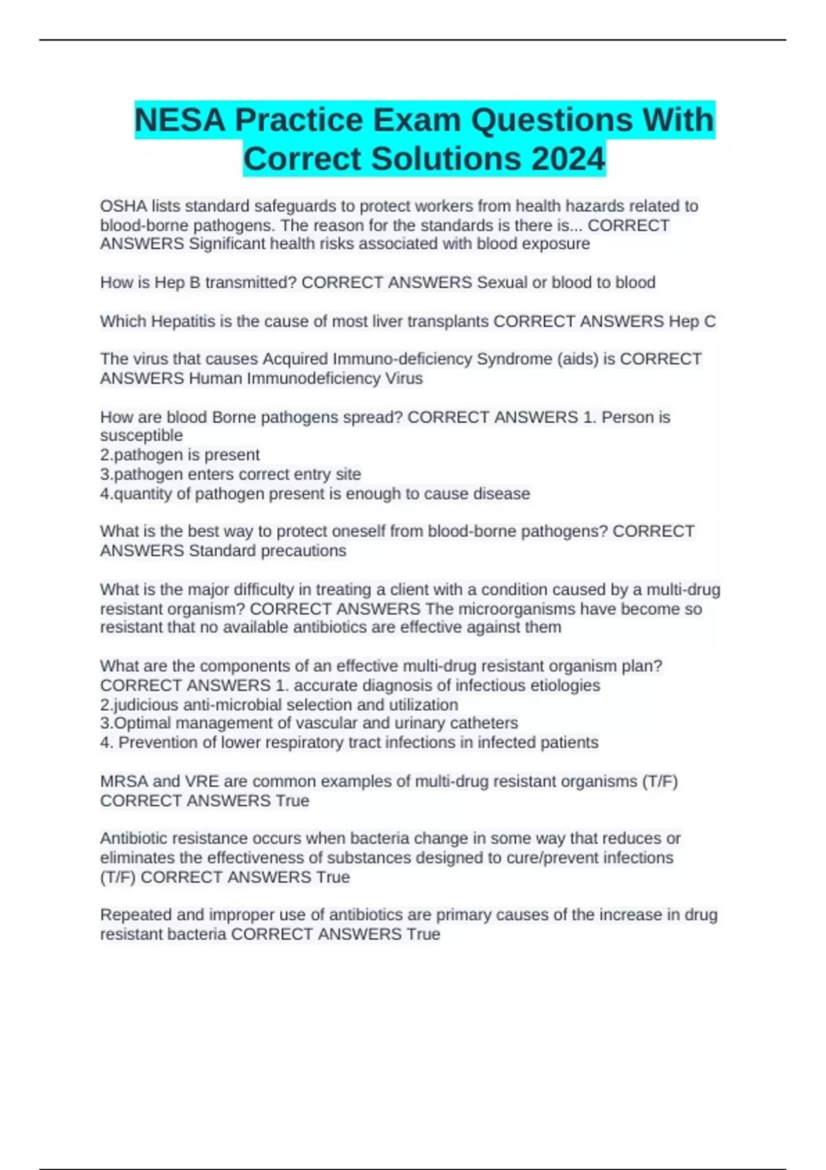 NESA Practice Exam Questions With Correct Solutions 2024 - NESA - Stuvia US