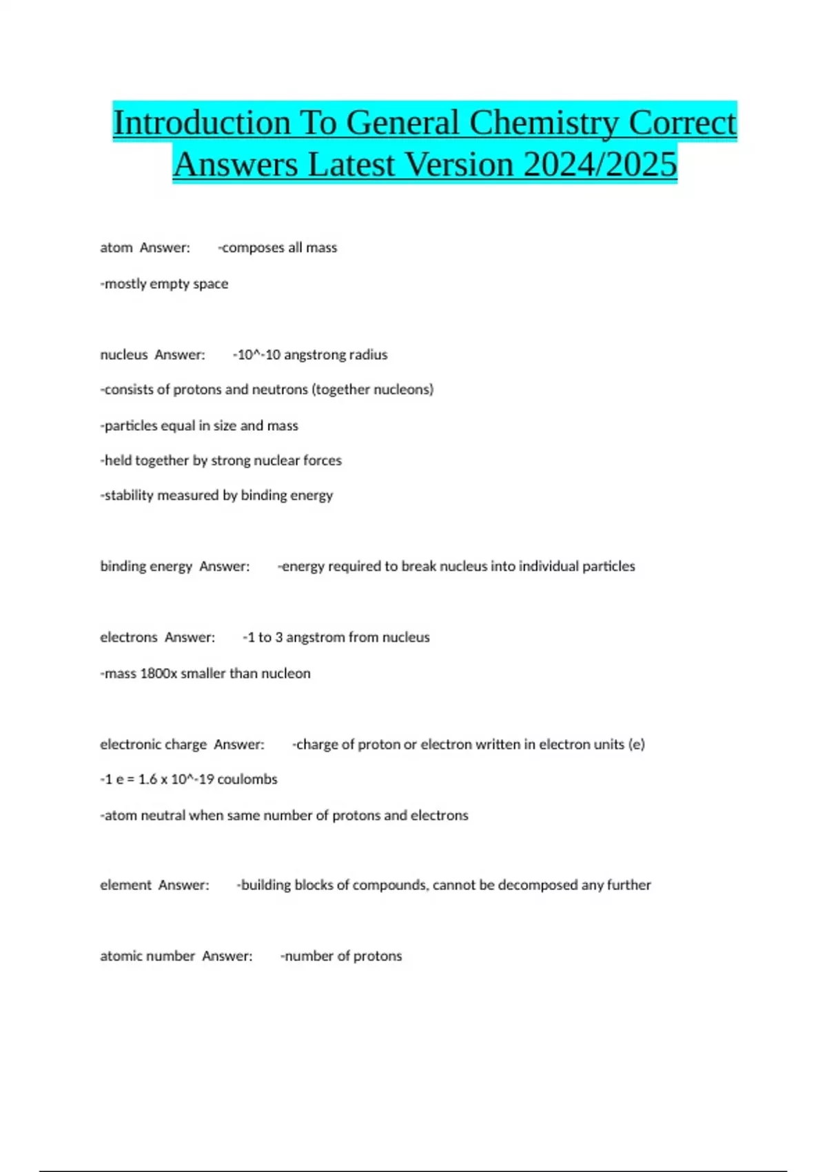 Introduction To General Chemistry Correct Answers Latest Version 2024/ ...