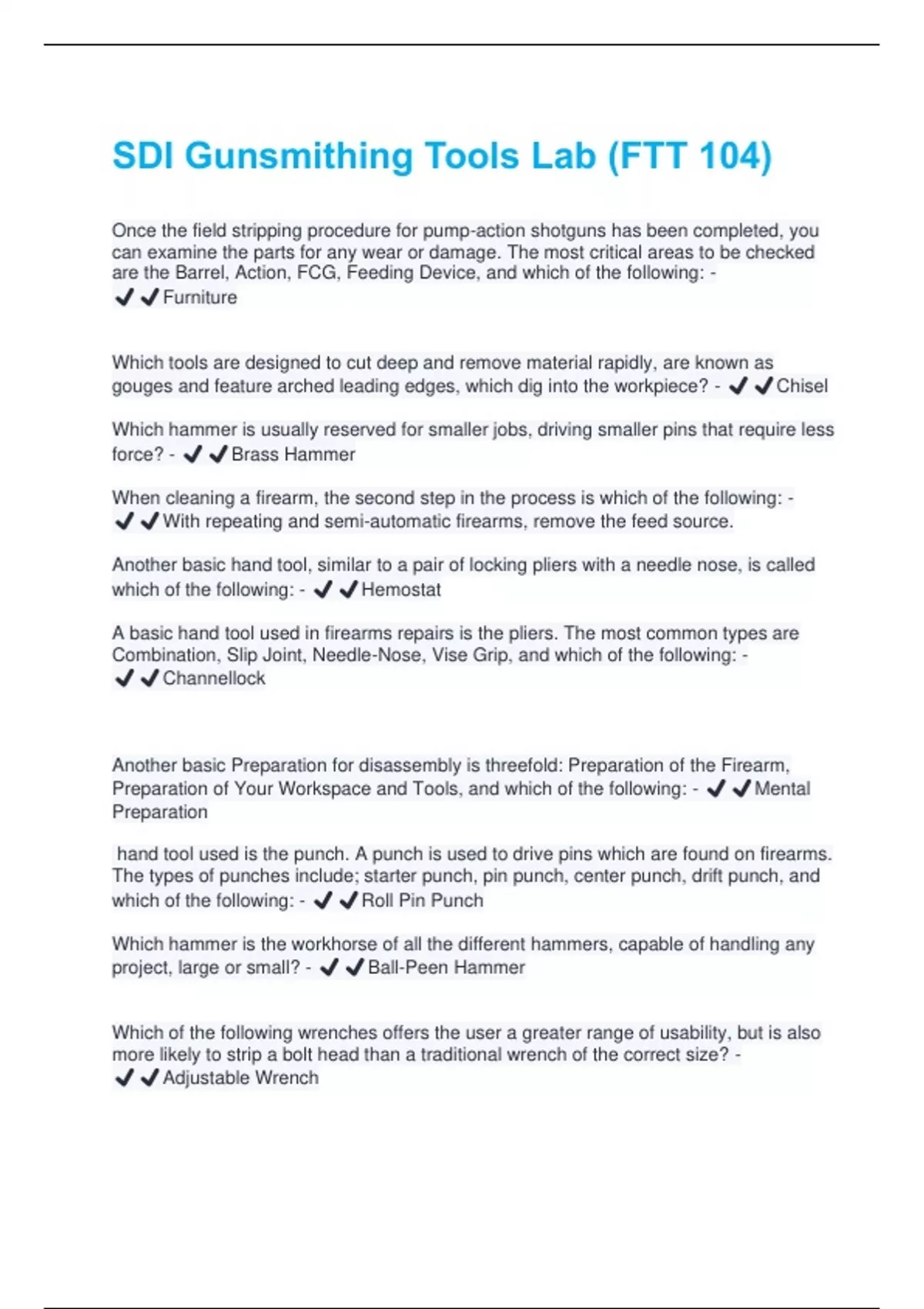 SDI Gunsmithing Tools Lab (FTT 104) Questions and Answers New (2024/ ...