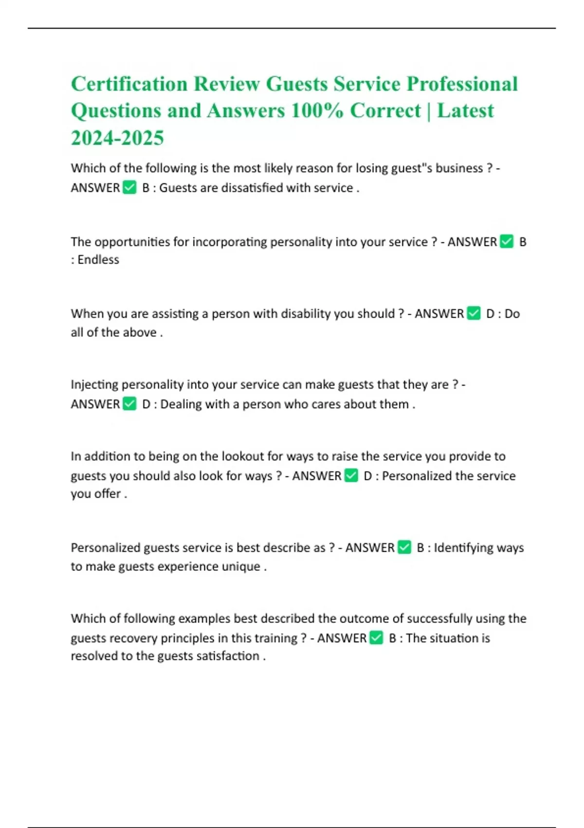 Certification Review Guests Service Professional Questions and Answers ...