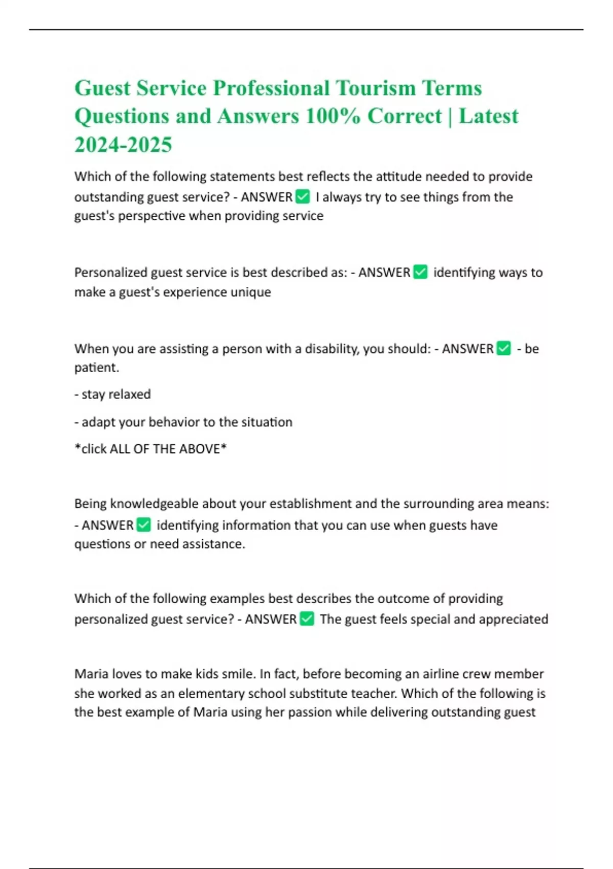 Guest Service Professional Tourism Terms Questions and Answers 100% ...