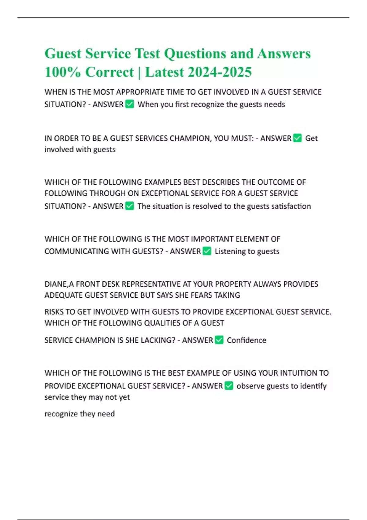 Guest Service Test Questions and Answers 100% Correct | Latest - CGSP ...