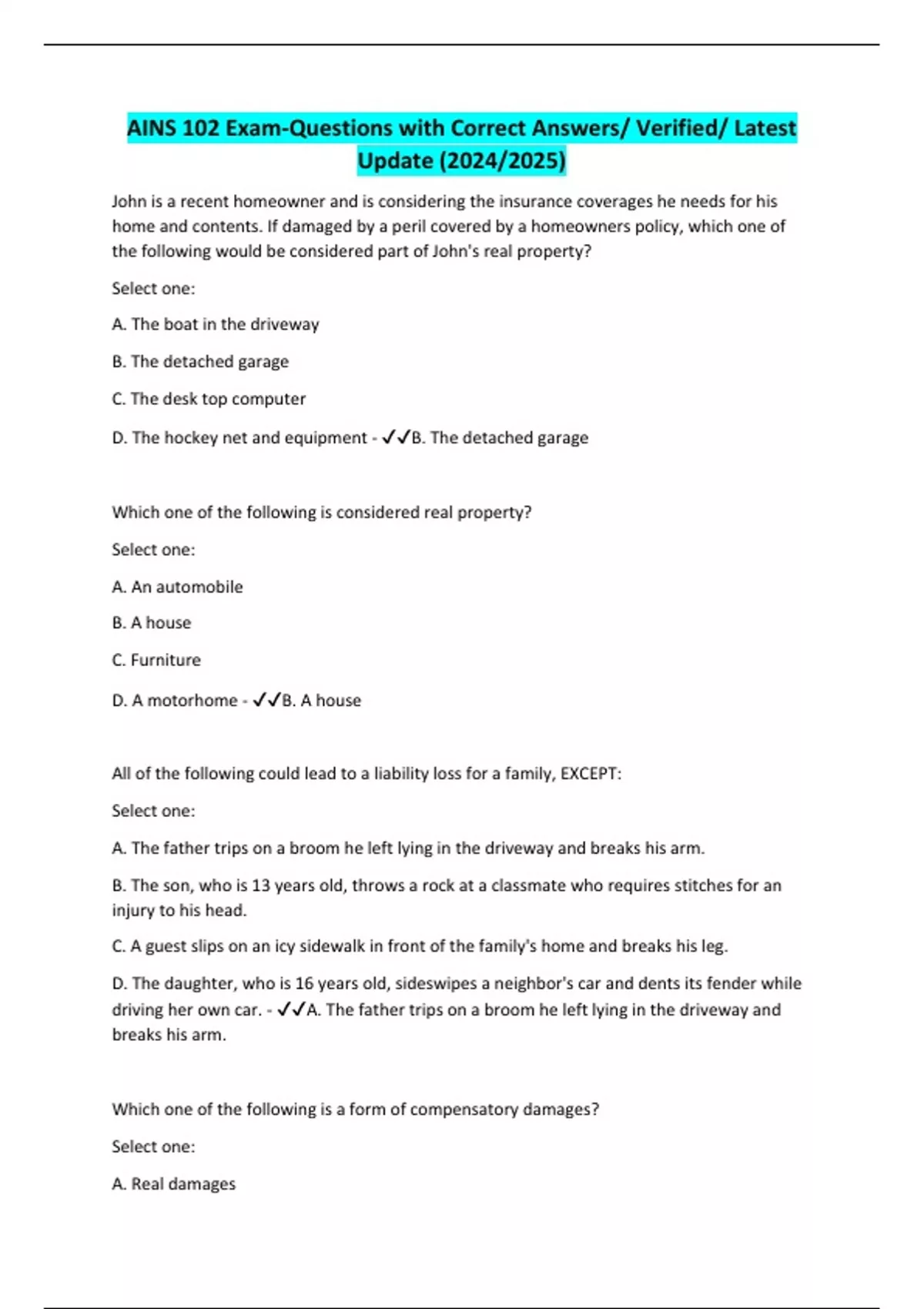 AINS 102 EXAMS BUNDLE-Questions with Correct Answers/ Verified/ Latest ...