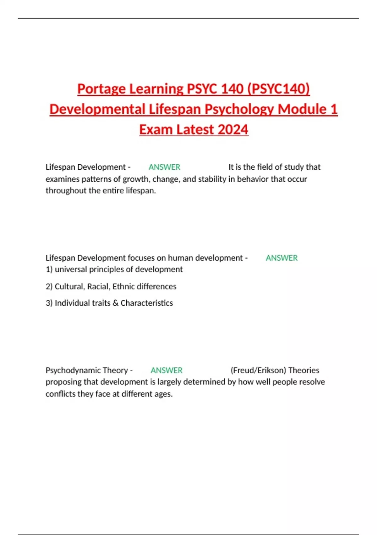 Portage Learning PSYC 140 (PSYC140) Developmental Lifespan Psychology ...