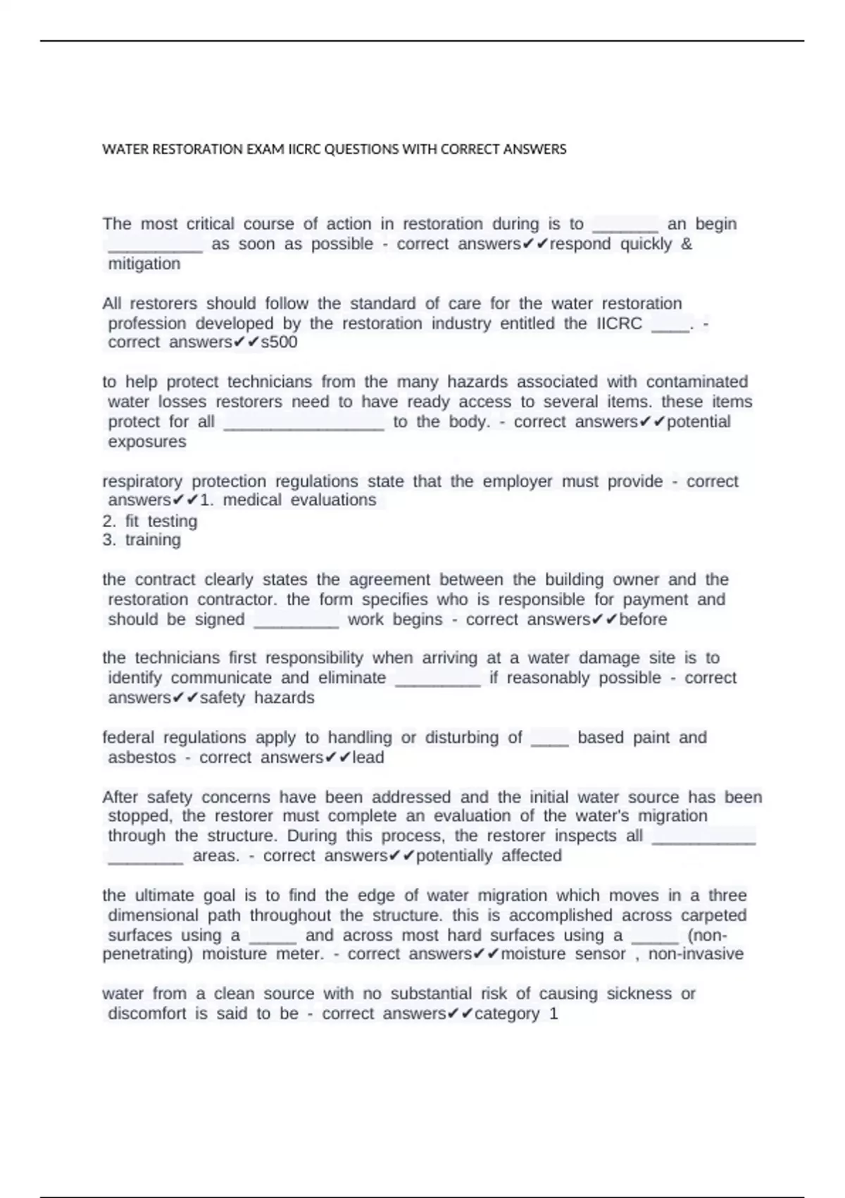 WATER RESTORATION EXAM IICRC QUESTIONS WITH CORRECT ANSWERS - IICRC ...