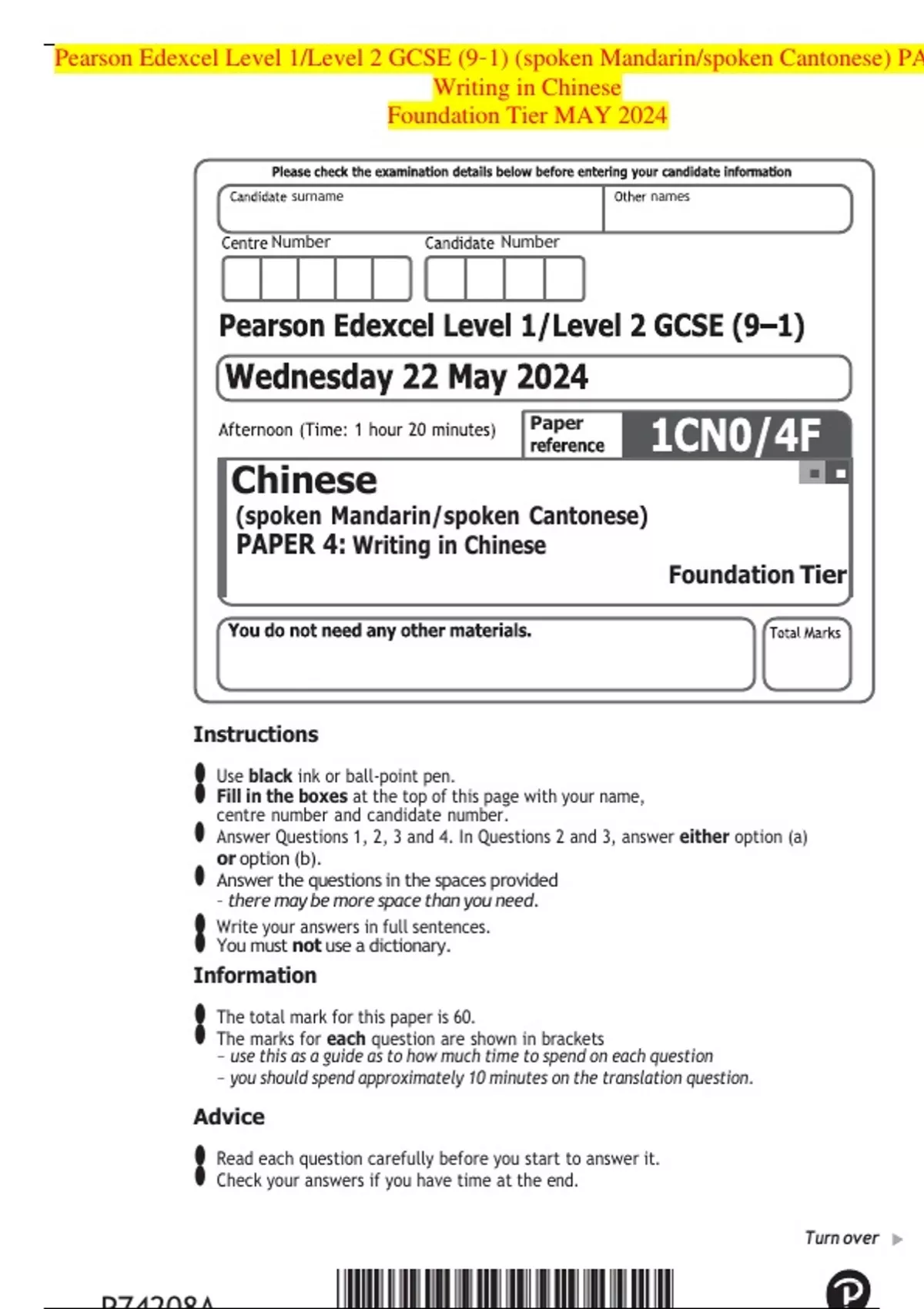Pearson Edexcel Level 1/Level 2 GCSE (9–1) (spoken Mandarin/spoken ...