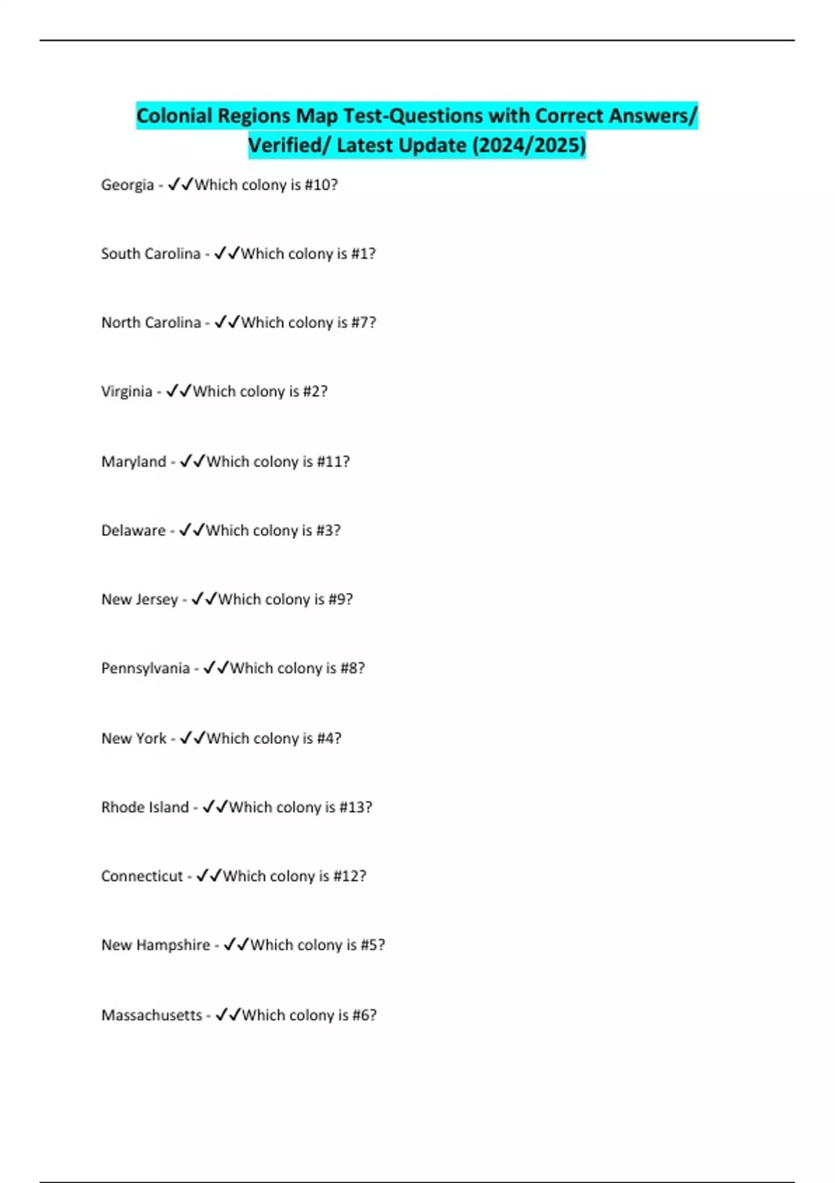 Colonial Regions Map Test-Questions with Correct Answers/ Verified ...