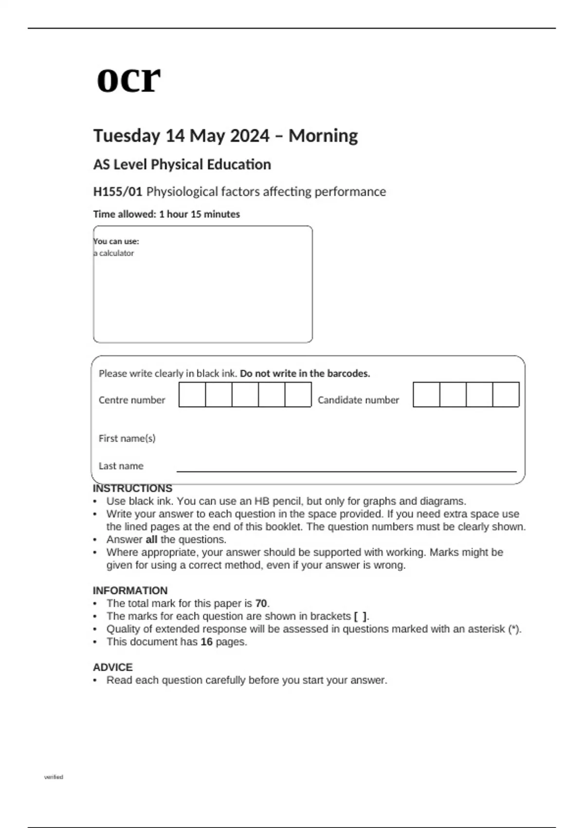 ocr AS Level Physical Education (H155-01) Question Paper May2024. - AS ...