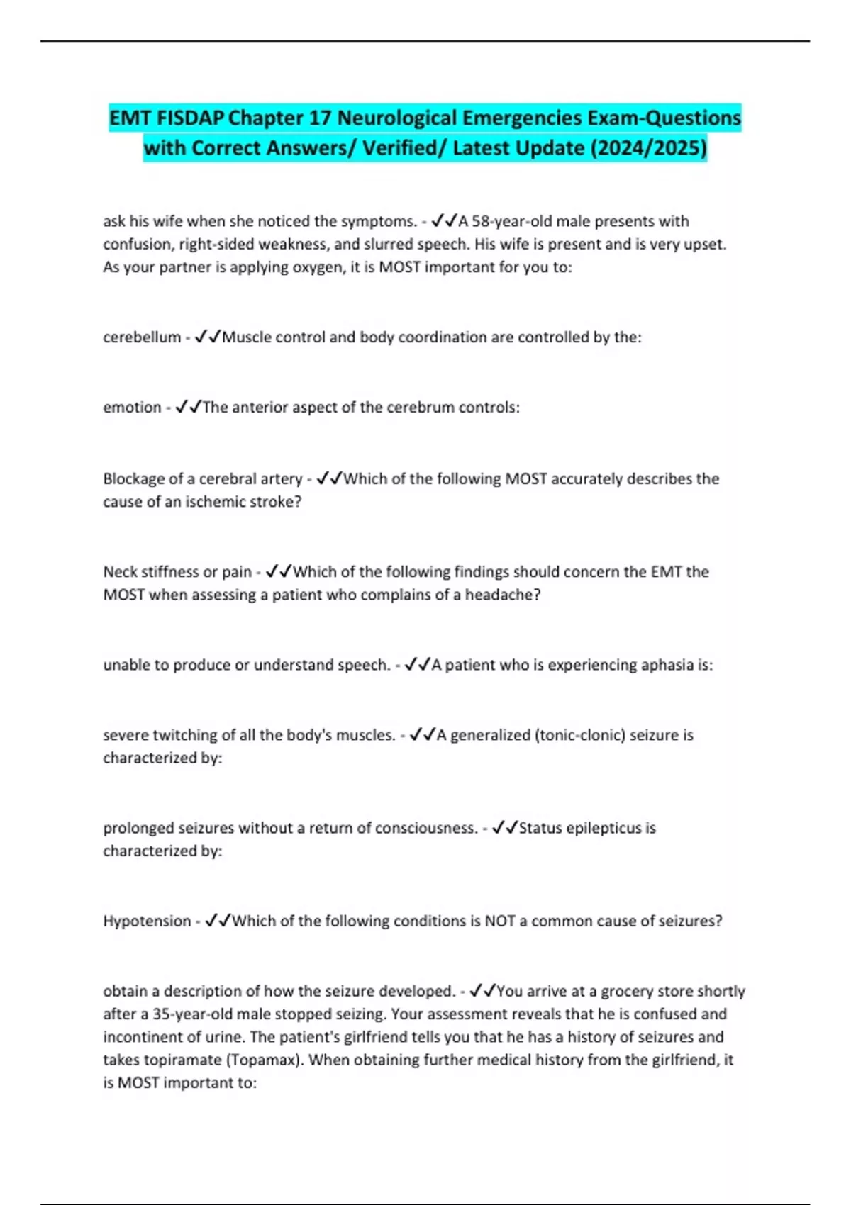EMT FISDAP Chapter 17 Neurological Emergencies Exam-Questions with ...