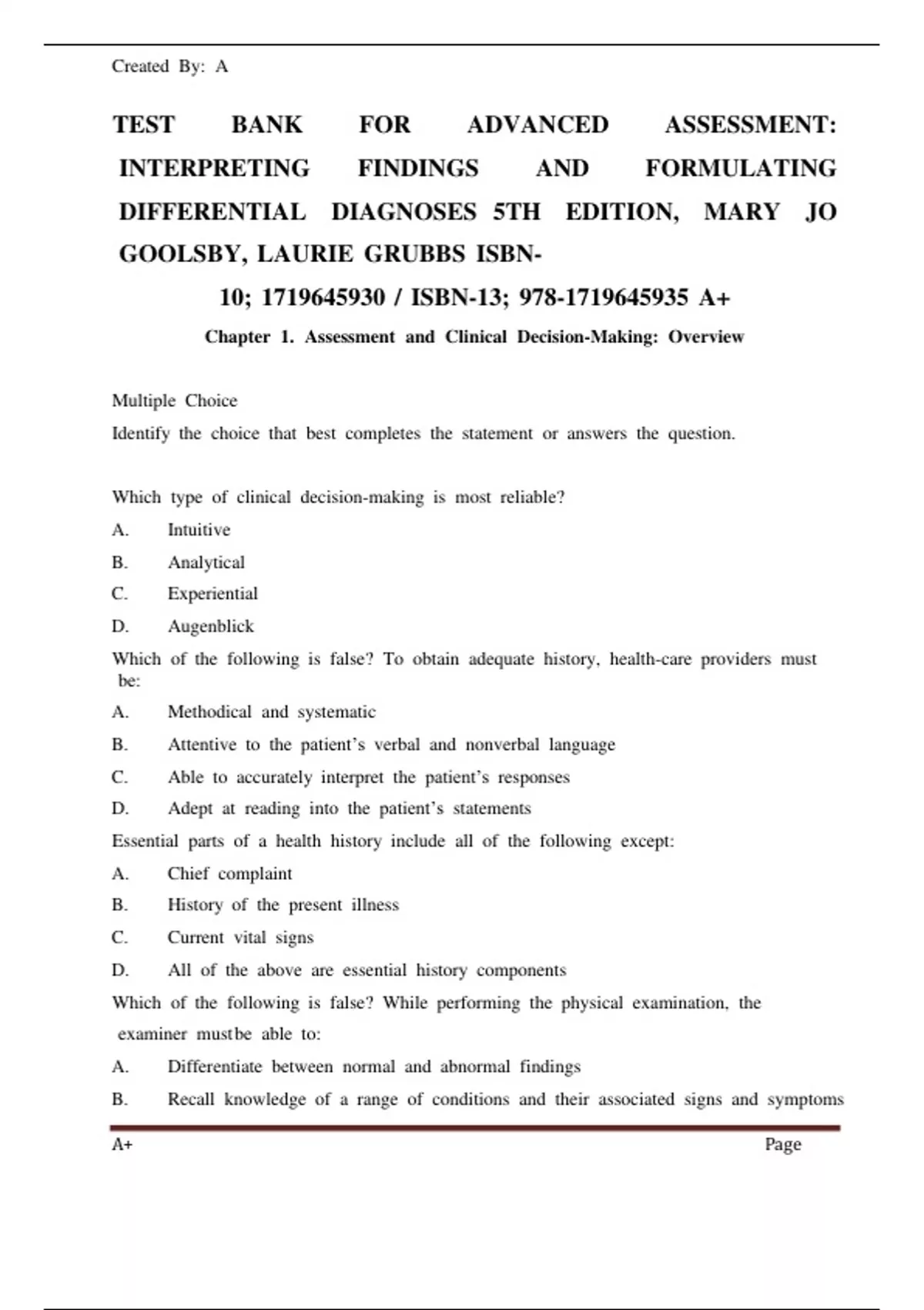 ADVANCED ASSESSMENT: INTERPRETING FINDINGS AND FORMULATING COMPILATION ...