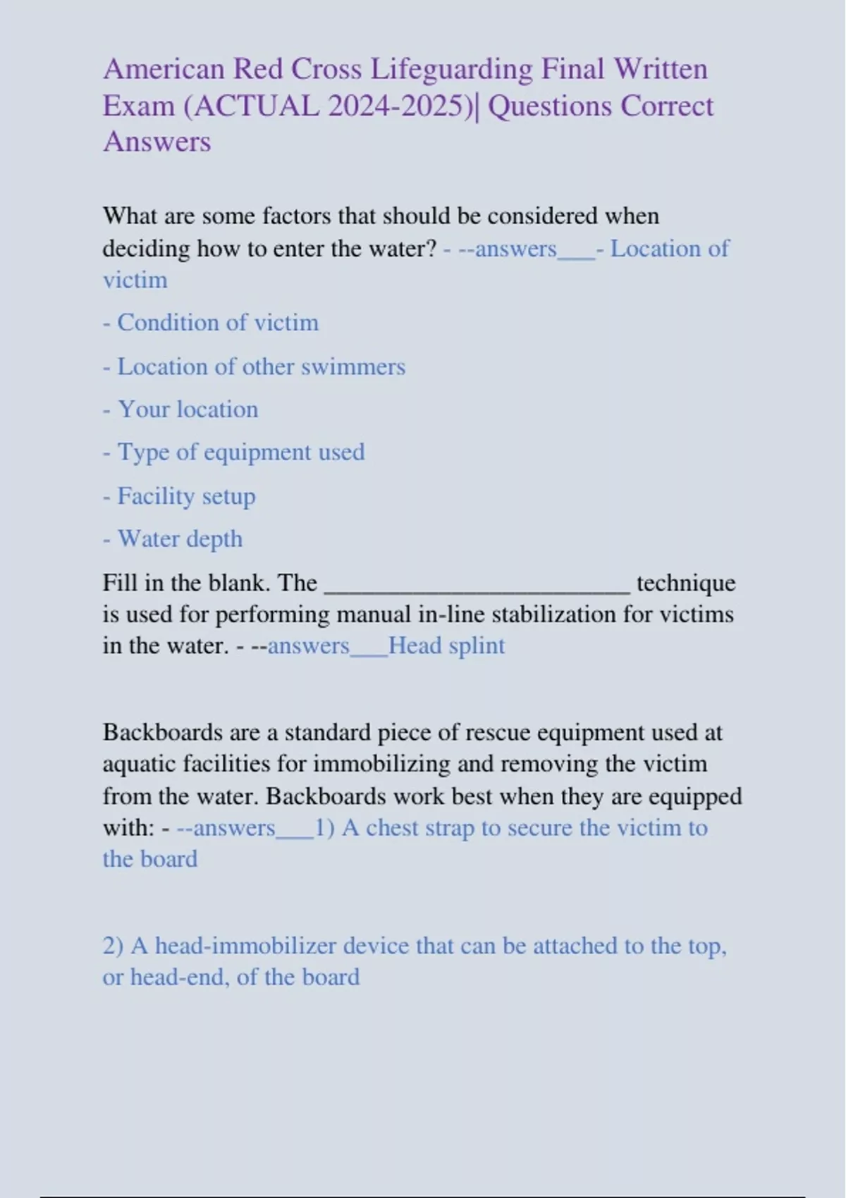 American Red Cross Lifeguarding Final Written Exam (ACTUAL )| Questions ...