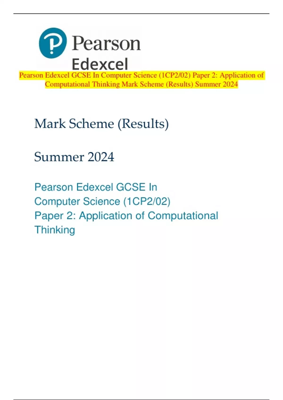 Pearson Edexcel GCSE In Computer Science (1CP2/02) Paper 2: Application of Computational ...