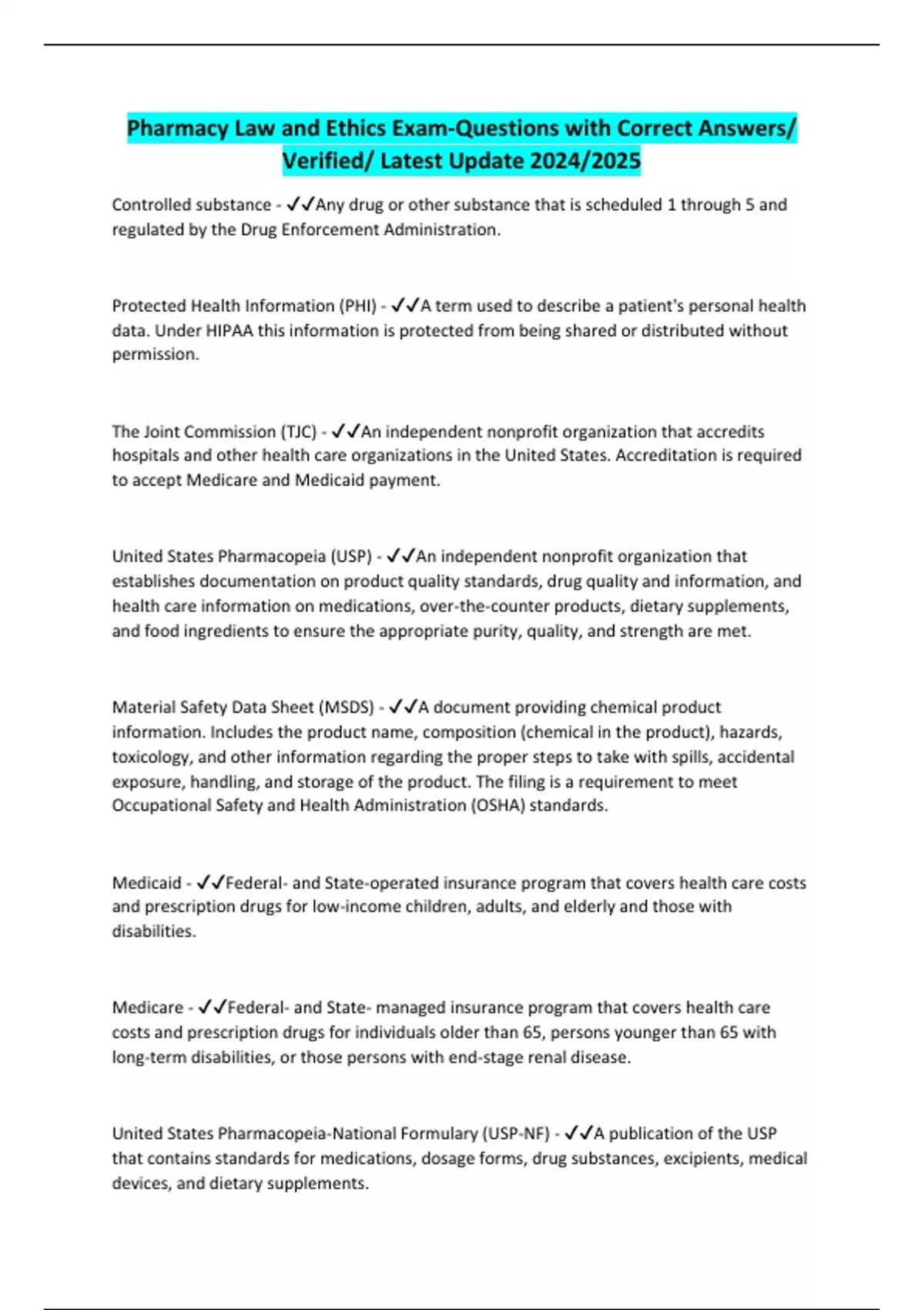 Pharmacy Law and Ethics Exam-Questions with Correct Answers/ Verified ...