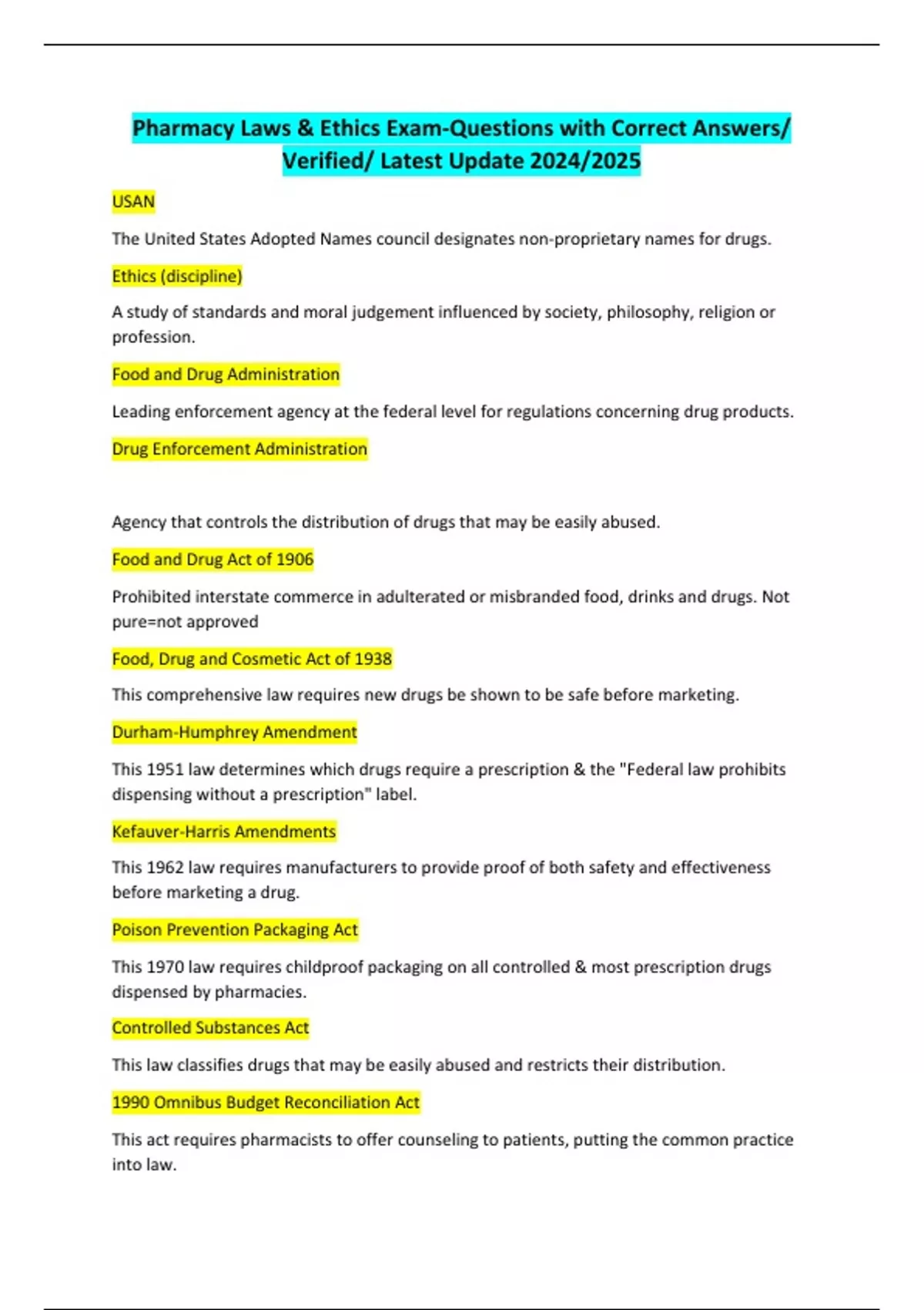 Pharmacy Laws & Ethics Exam-Questions with Correct Answers/ Verified ...