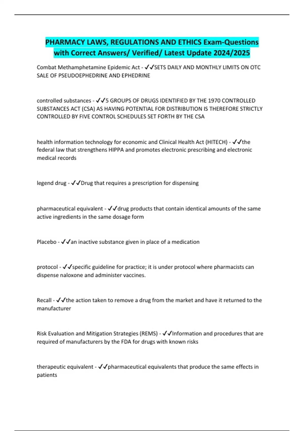 PHARMACY LAWS, REGULATIONS AND ETHICS Exam-Questions with Correct ...