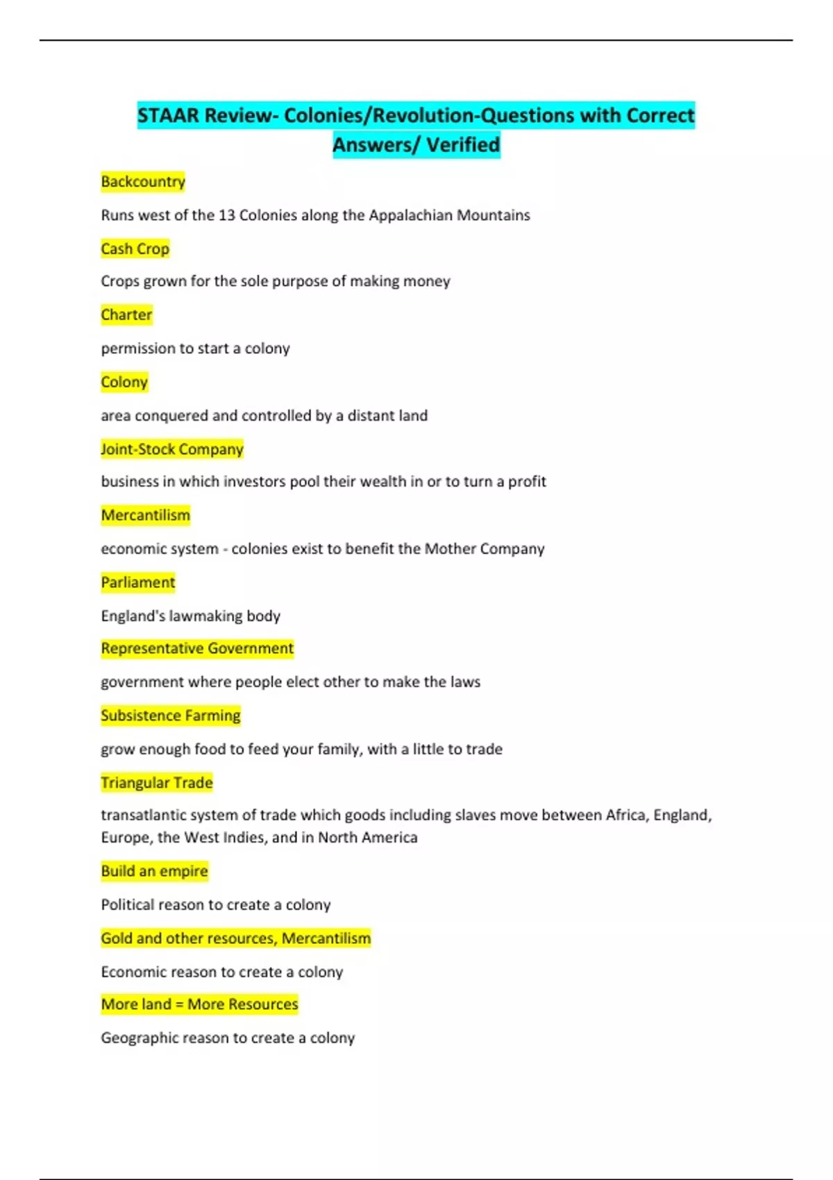 STAAR Review- Colonies/Revolution-Questions with Correct Answers ...