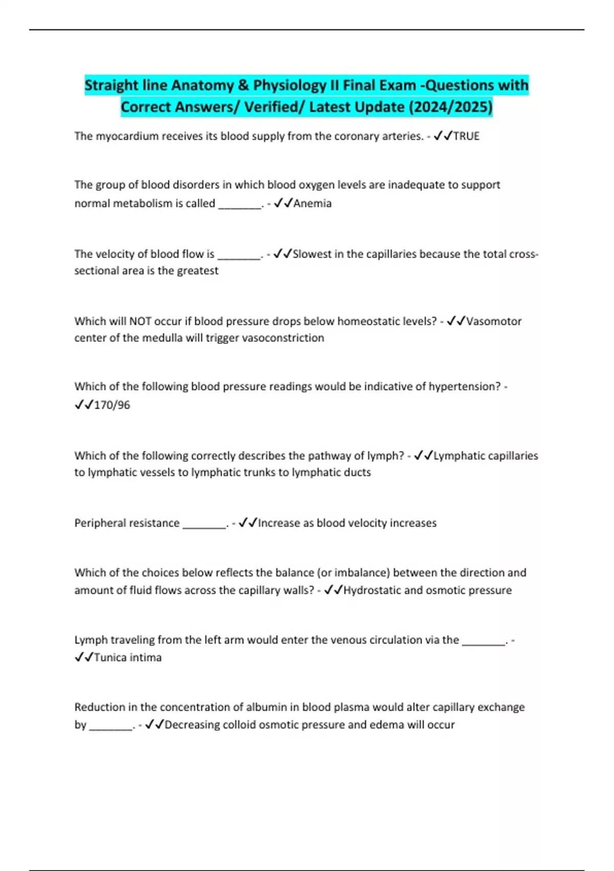Straight line Anatomy & Physiology II Final Exam -Questions with ...