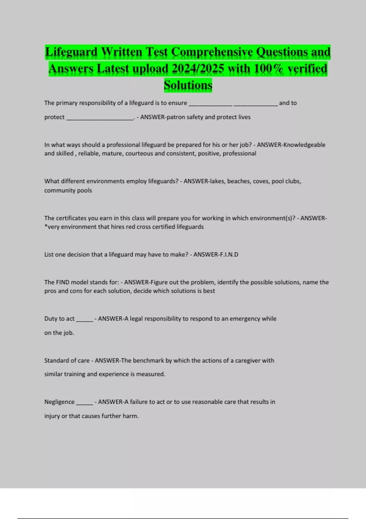 Lifeguard Written Test Comprehensive Questions and Answers Latest ...