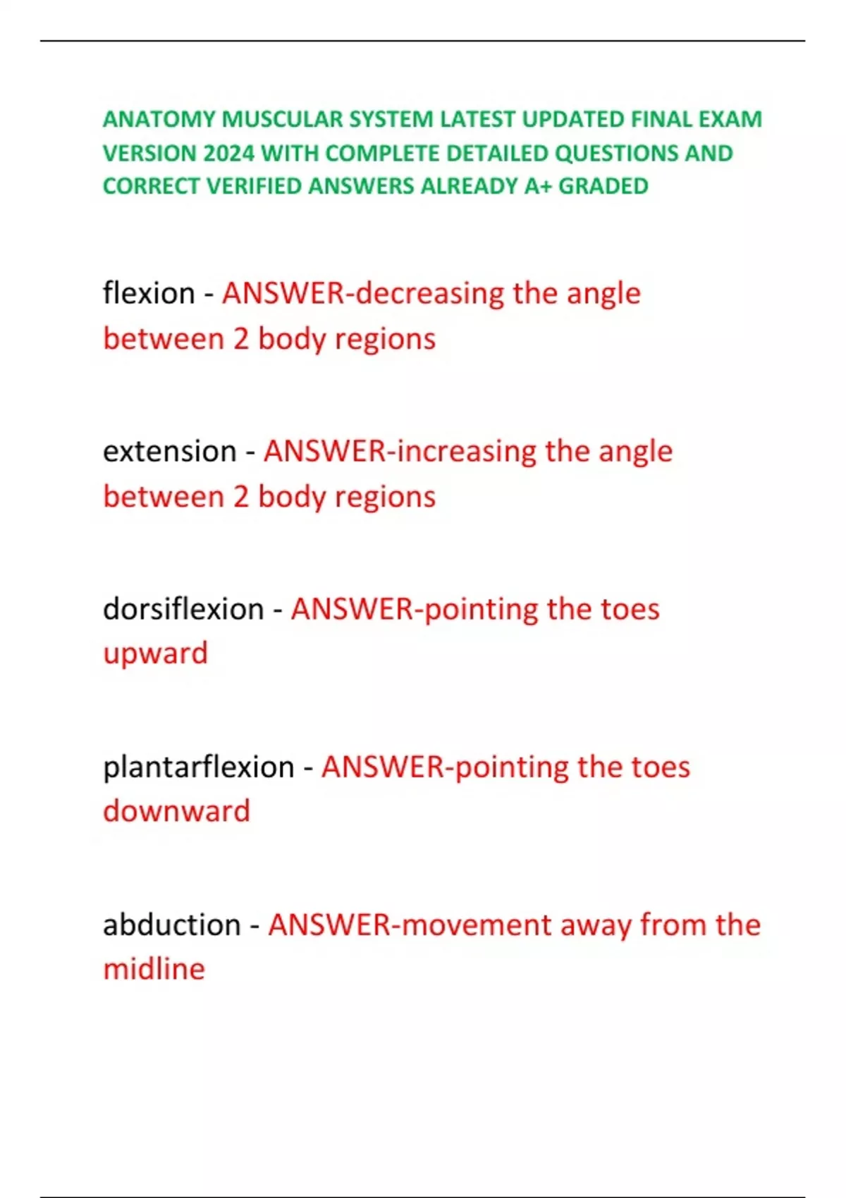 ANATOMY MUSCULAR SYSTEM LATEST UPDATED FINAL EXAM VERSION 2024 WITH ...