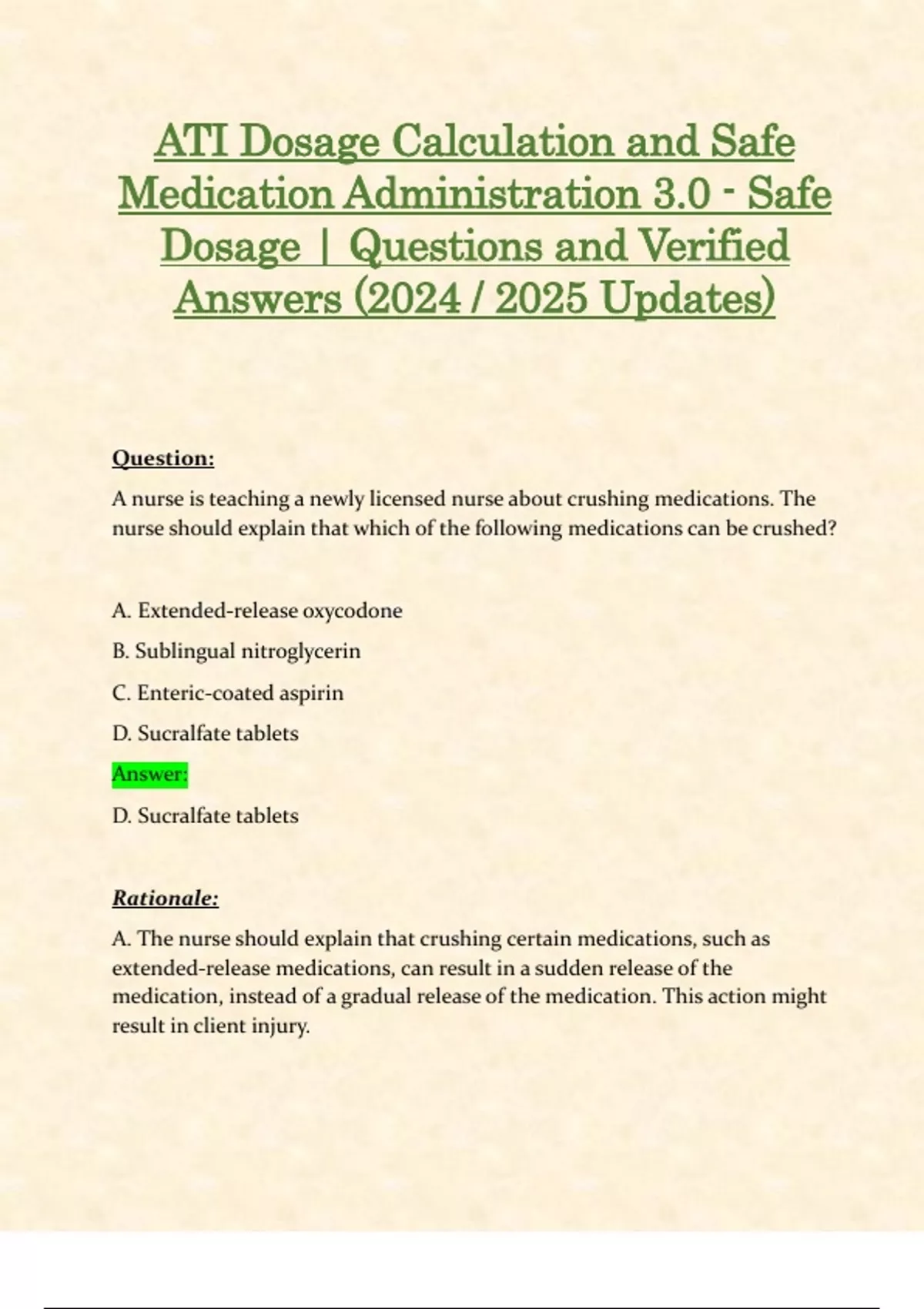 ATI Dosage Calculation and Safe Medication Administration 3.0 - Safe ...