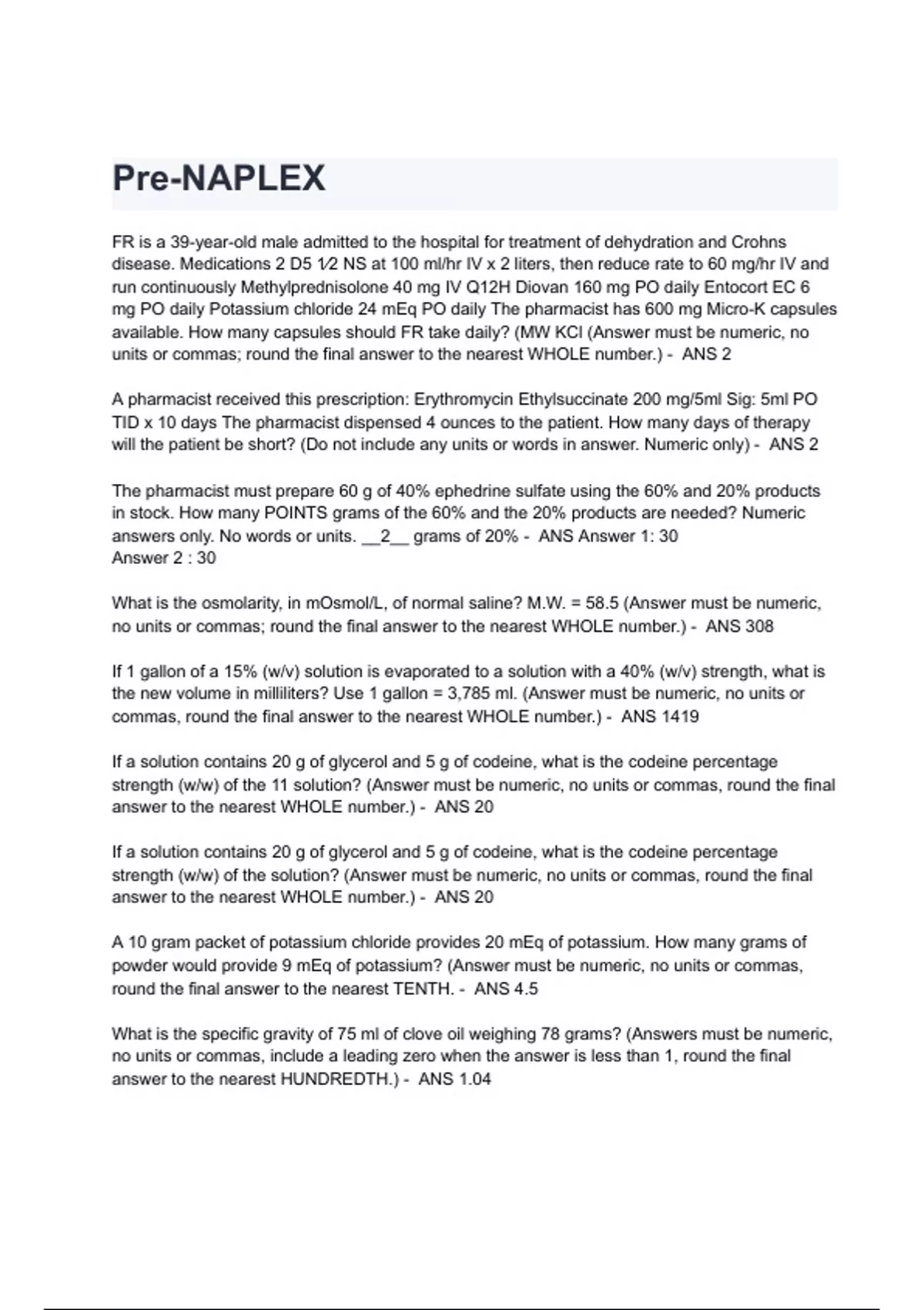 Pre-NAPLEX Exam Questions with correct Answers 2024/2025( A+ GRADED 100 ...