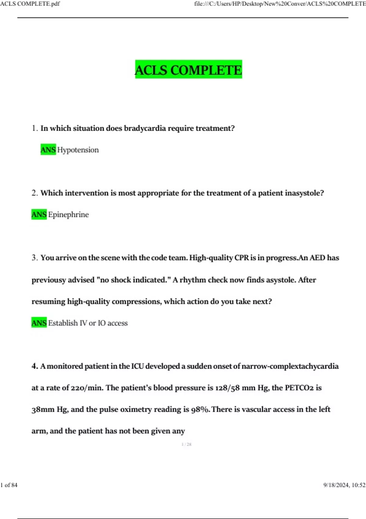 ACLS EXAM COMPLETE 2024 Questions and Answers Verified Solutions 2024/ ...