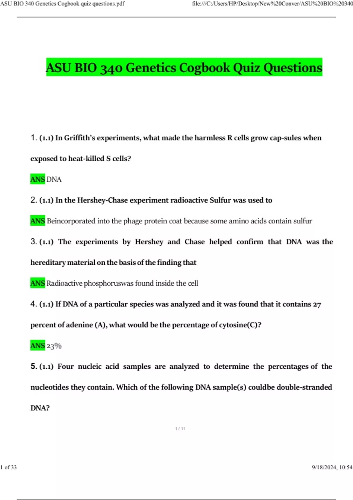 ASU BIO 340 Genetics Cogbook quiz 2024 Questions and Answers Verified Solutions 2024/2025 ...