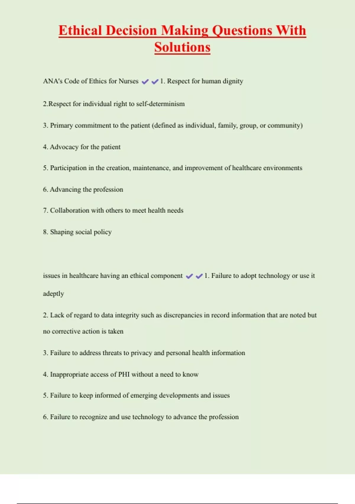 Ethical Decision Making Questions With Solutions - NR599 - Stuvia US