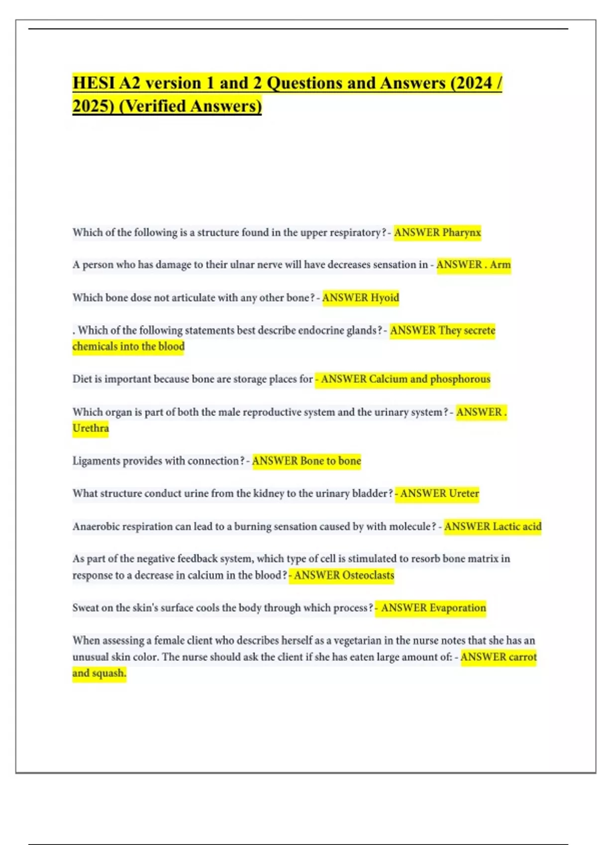 HESI A2 version 1 and 2 Questions and Answers (2024 / 2025) - Hesi A2 ...