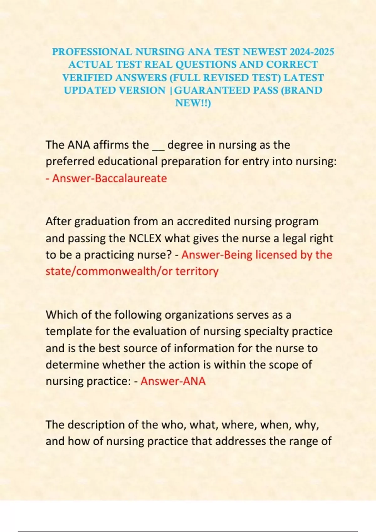 PROFESSIONAL NURSING ANA TEST NEWEST ACTUAL TEST REAL QUESTIONS AND ...