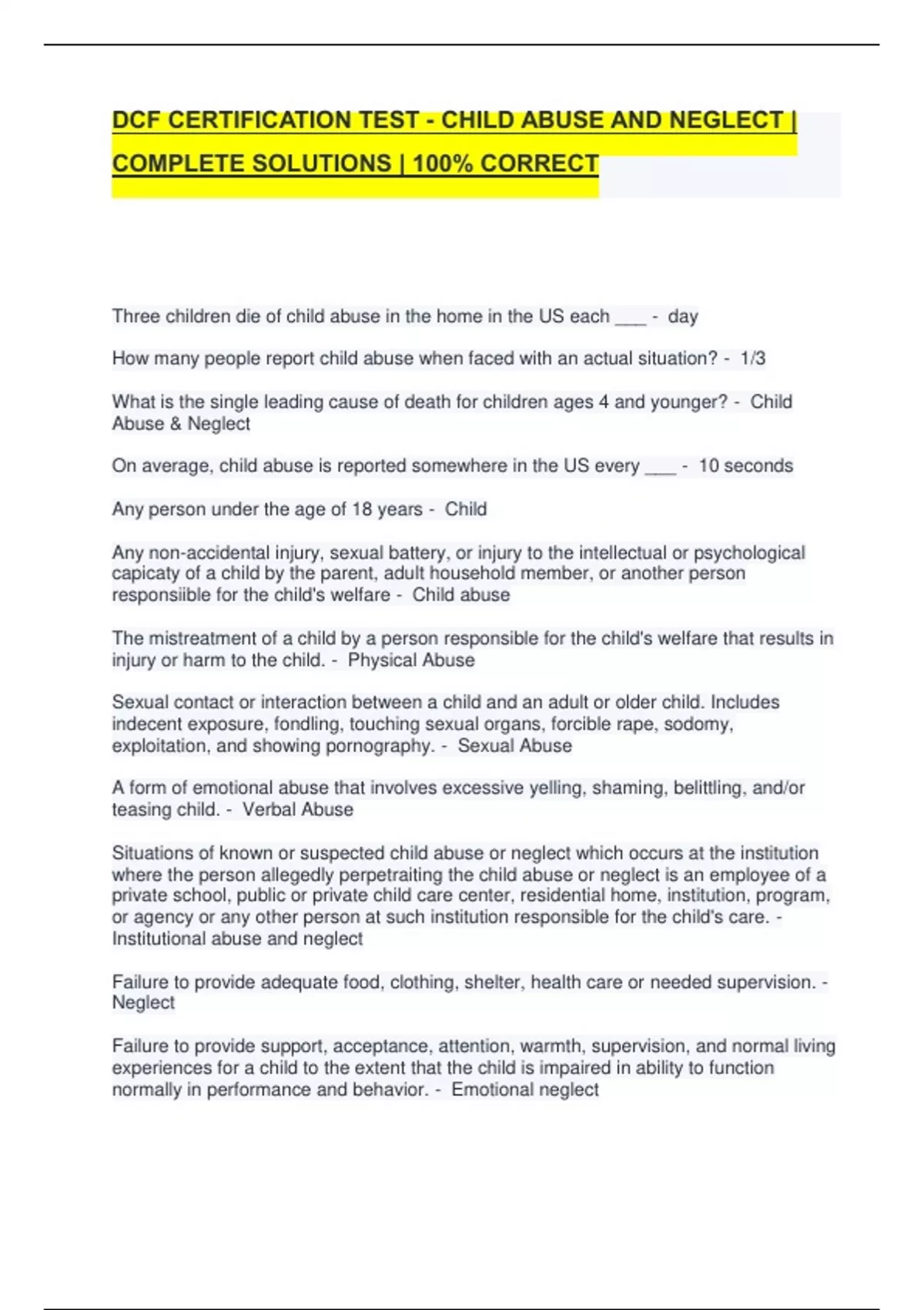 DCF CERTIFICATION TEST - CHILD ABUSE AND NEGLECT | COMPLETE SOLUTIONS ...