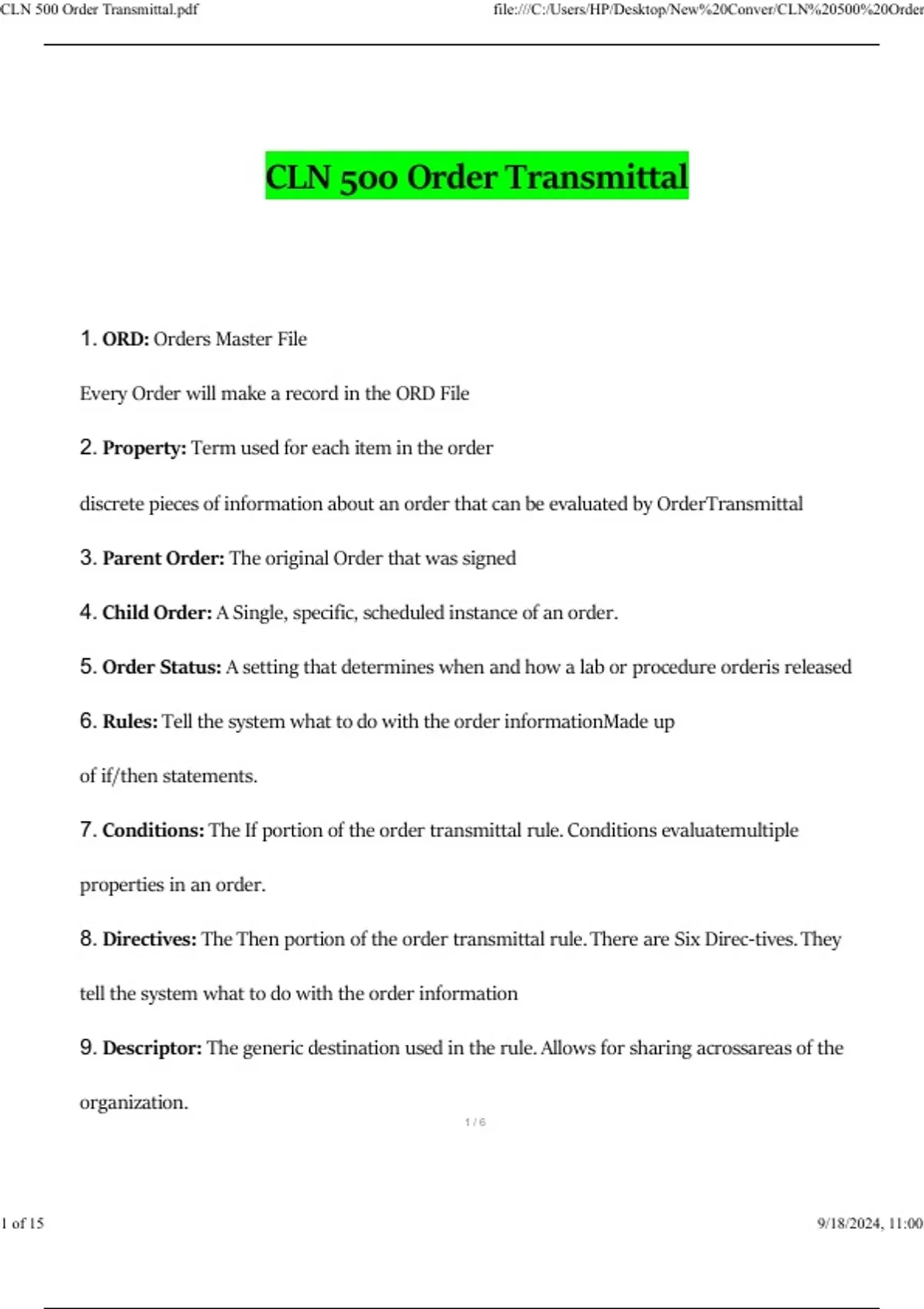 CLN500 Order Transmittal Exam 2024 Questions and Answers Latest (2024 / ...