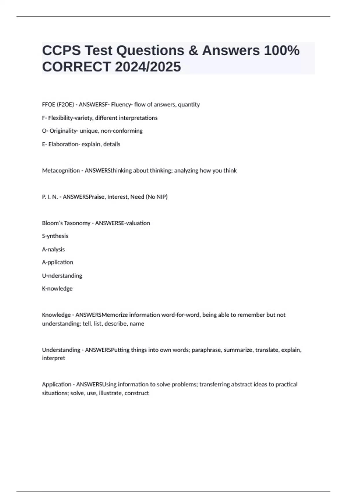 CCPS Test Questions & Answers 100% CORRECT 2024/2025 - CCPS - Stuvia US