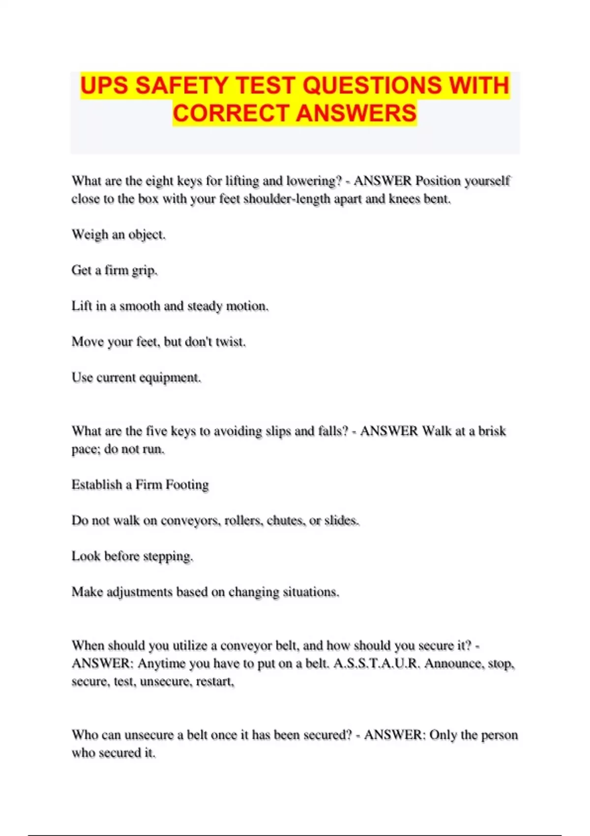 UPS SAFETY TEST QUESTIONS WITH CORRECT ANSWERS - UPS SAFETY - Stuvia US