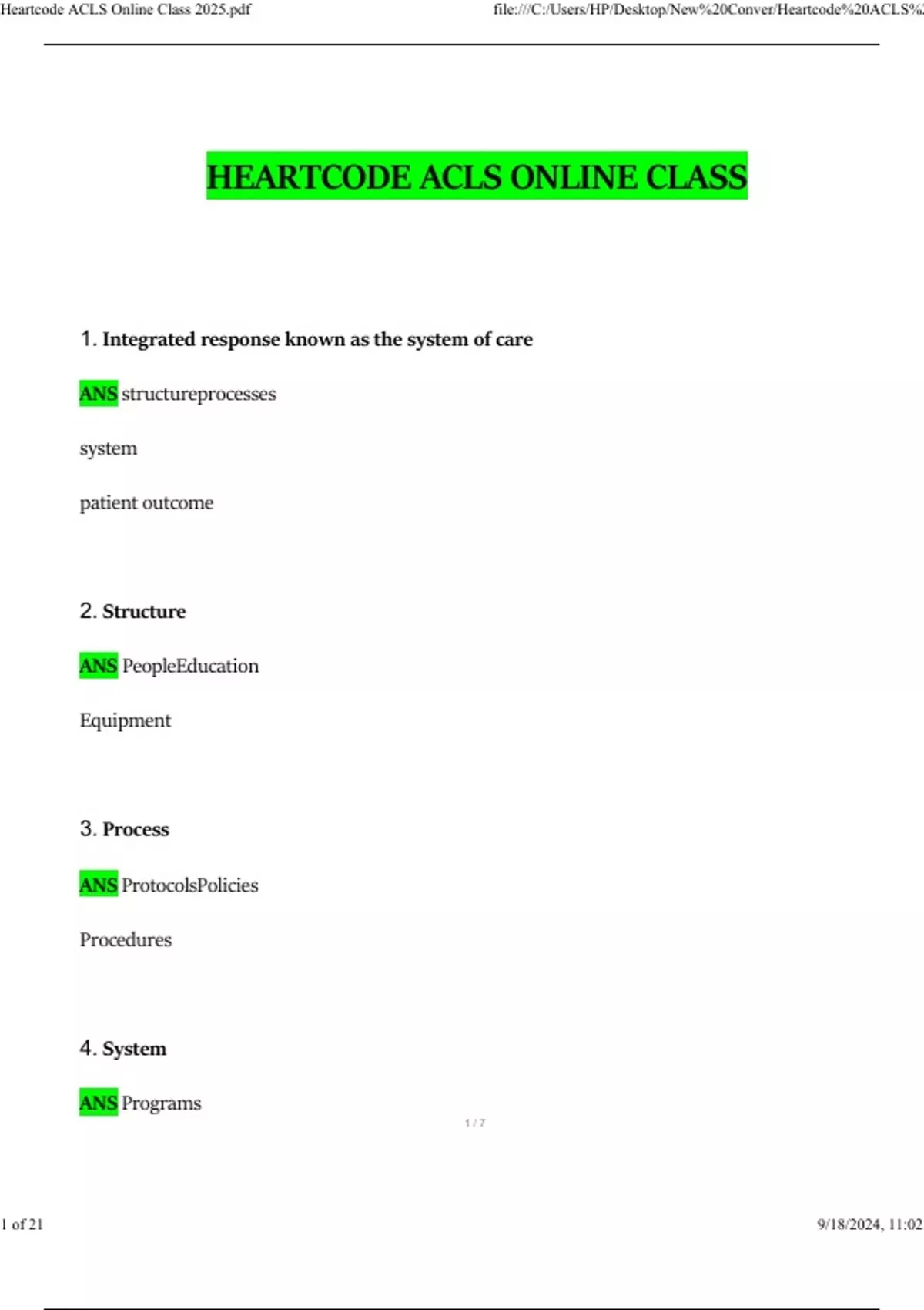Heart Code ACLS Online Class 2025 Questions and Verified 100% Correct ...