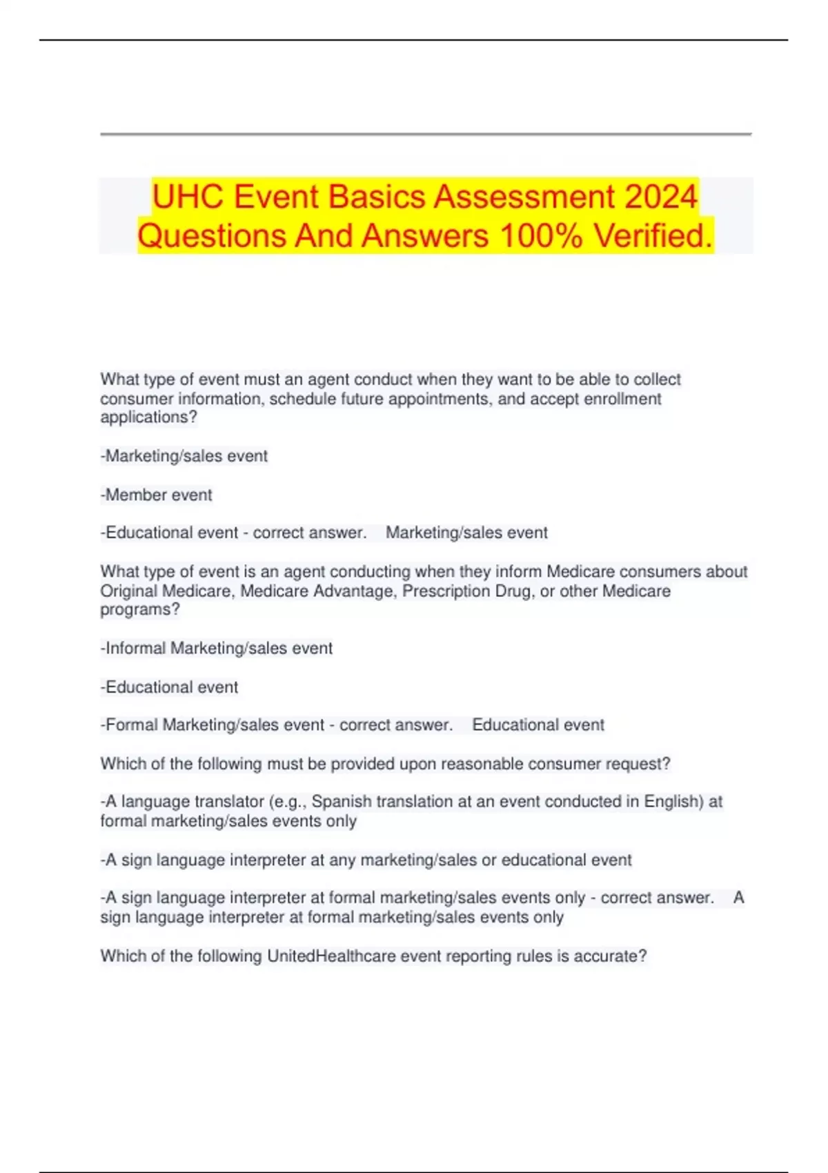 UHC Event Basics Assessment 2024 Questions And Answers 100% Verified. - UHC Event Basics ...